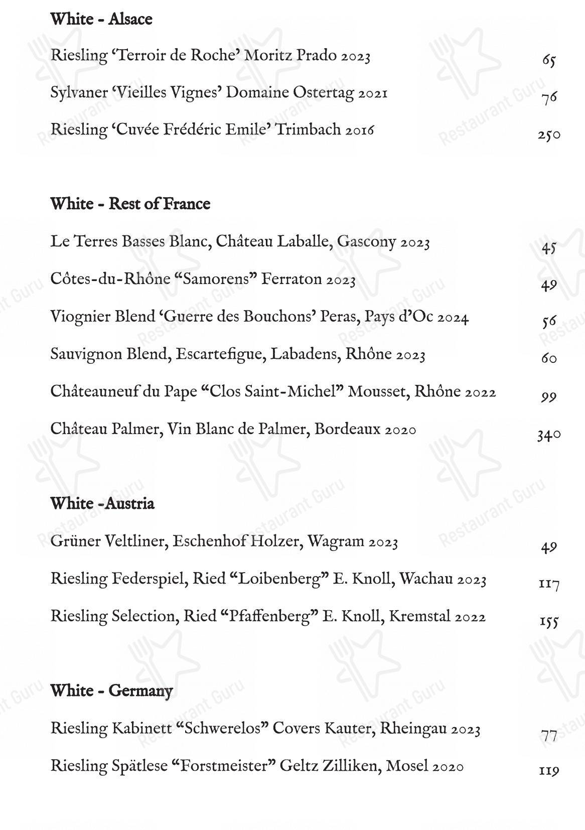 Menu at Fallow restaurant, London