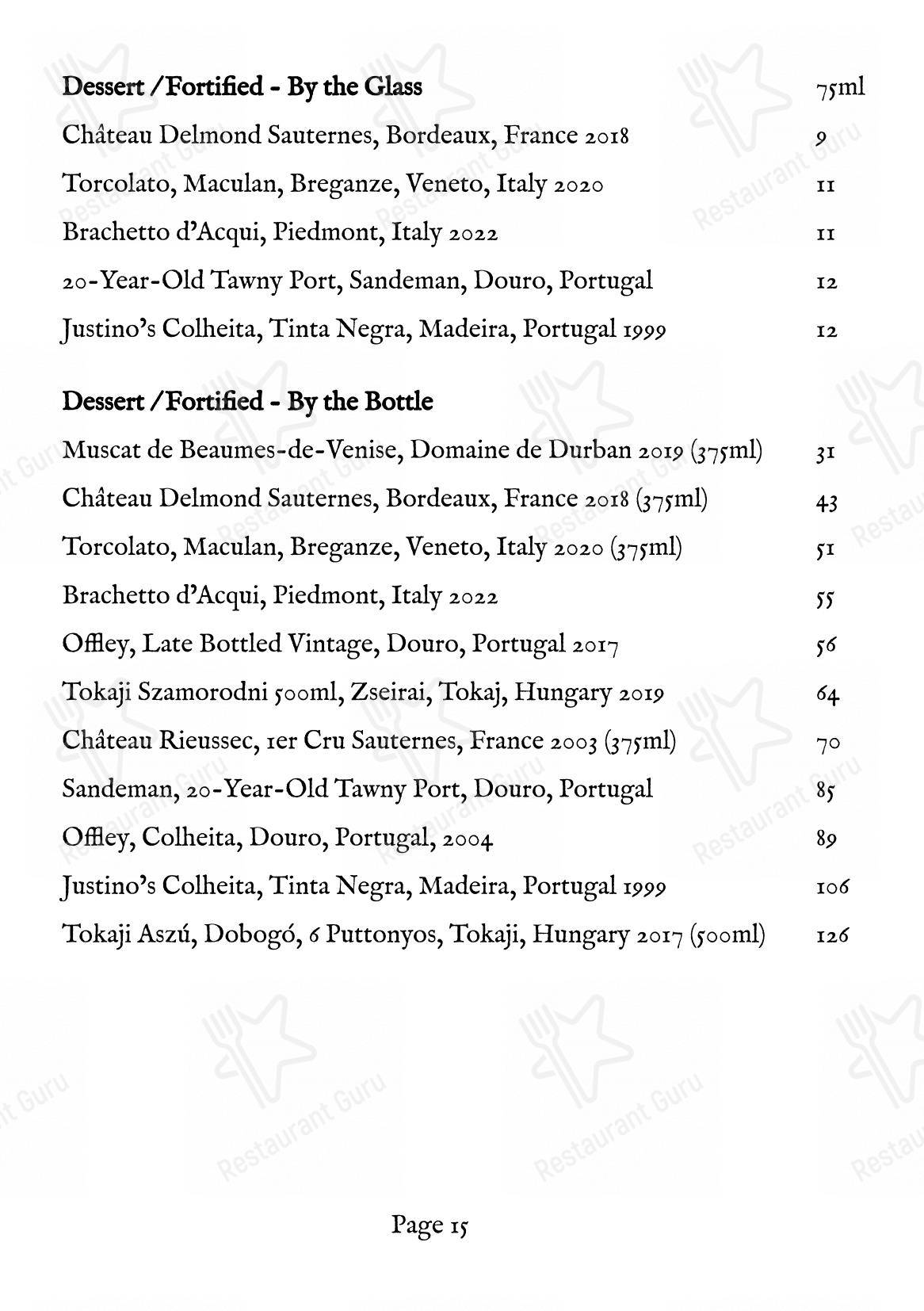 Menu at Fallow restaurant, London