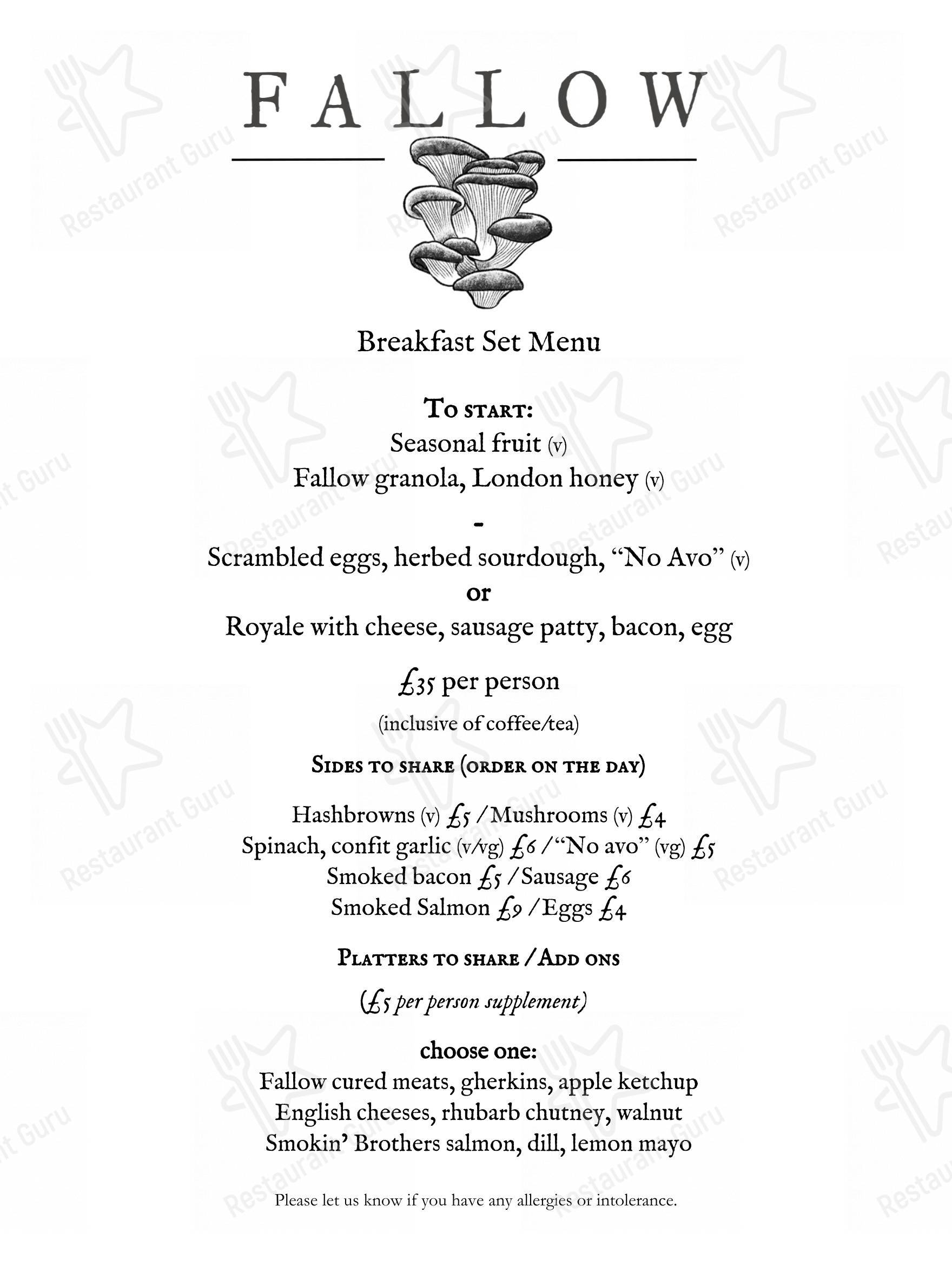 Menu at Fallow restaurant, London