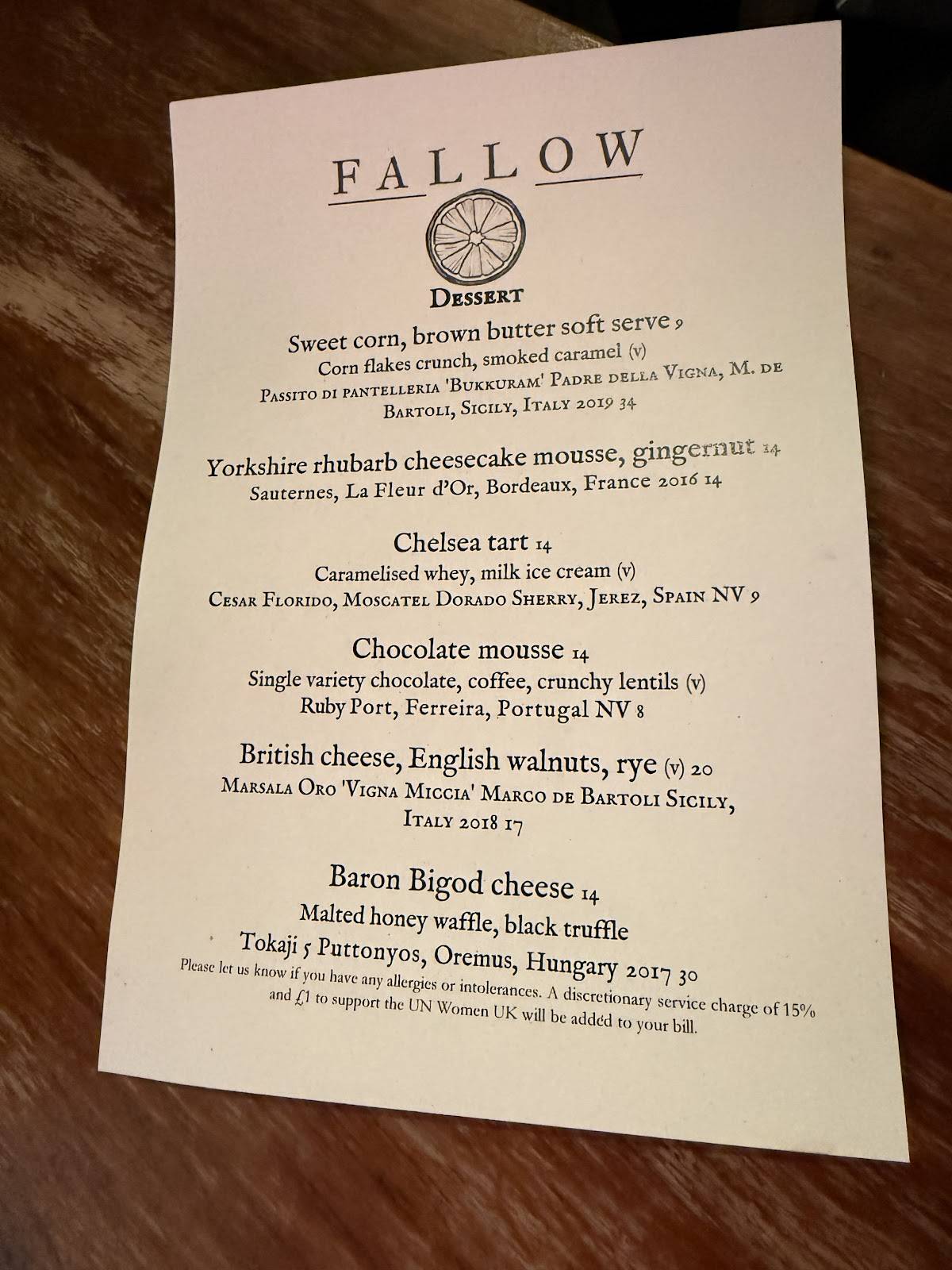 Menu at Fallow restaurant, London