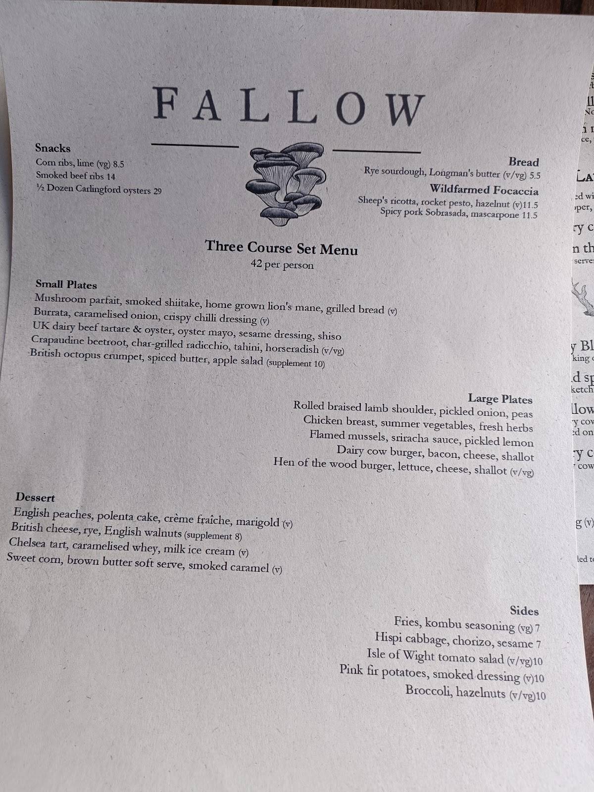 Menu at Fallow restaurant, London