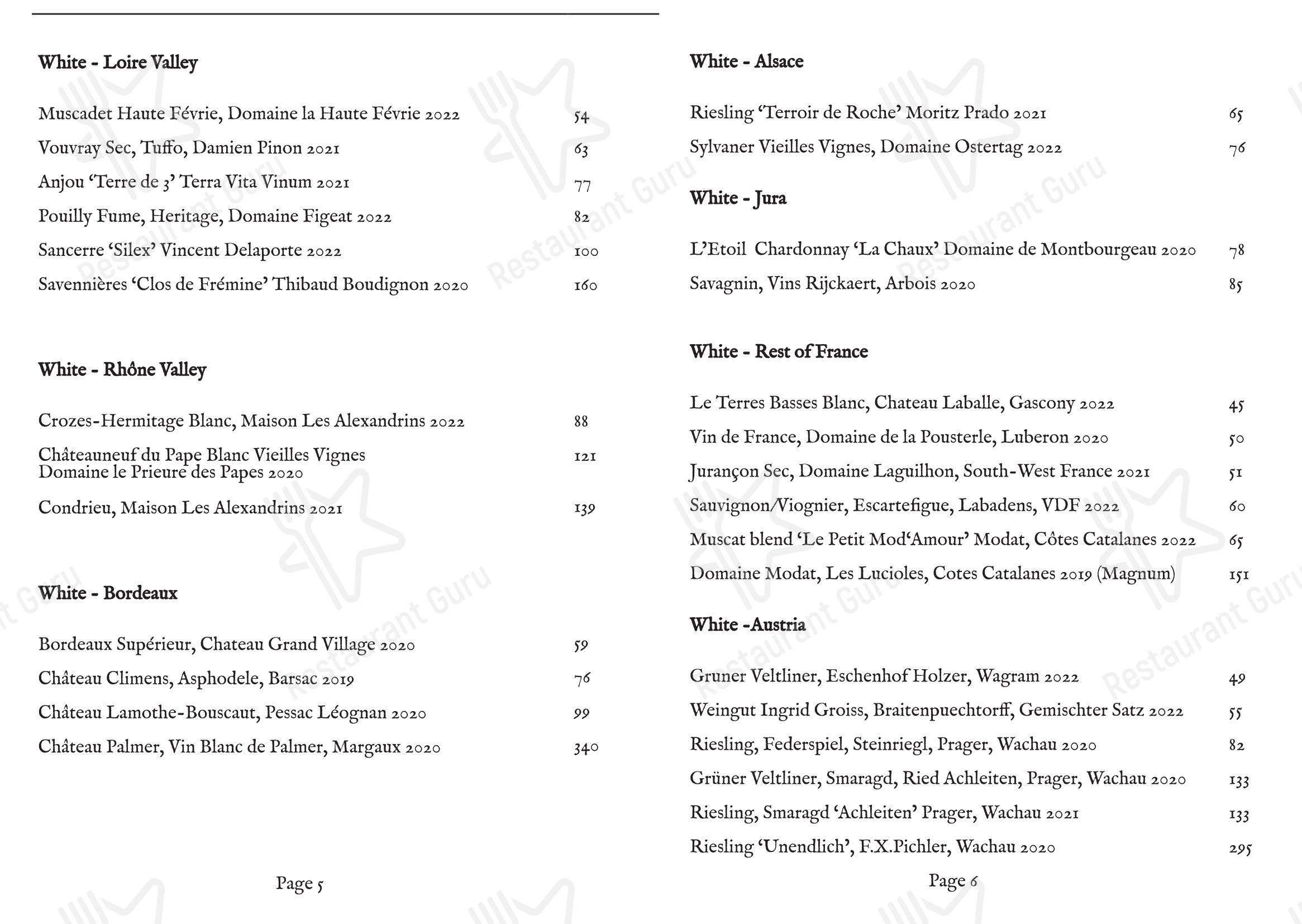 Menu at Fallow restaurant, London