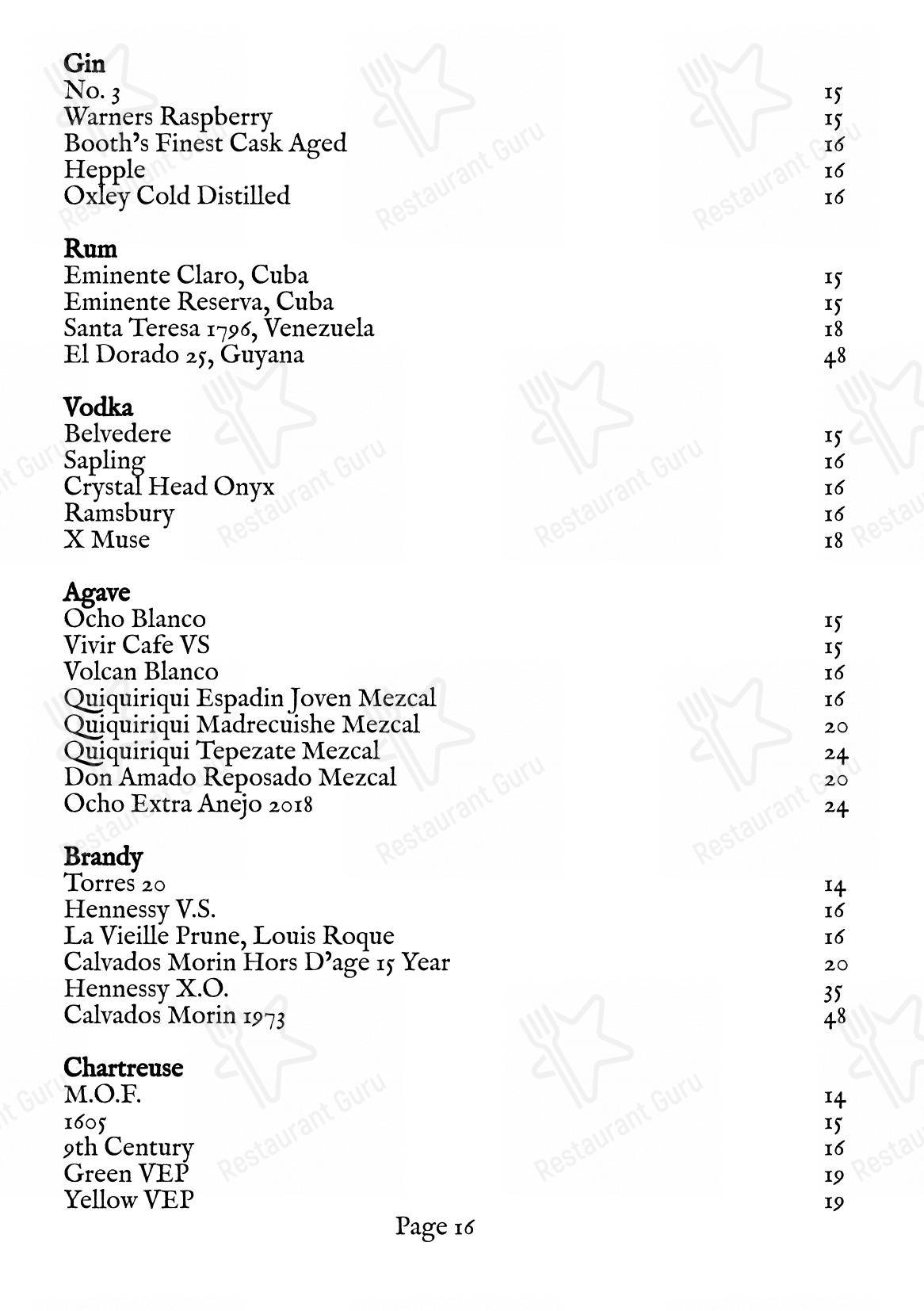 Menu at Fallow restaurant, London