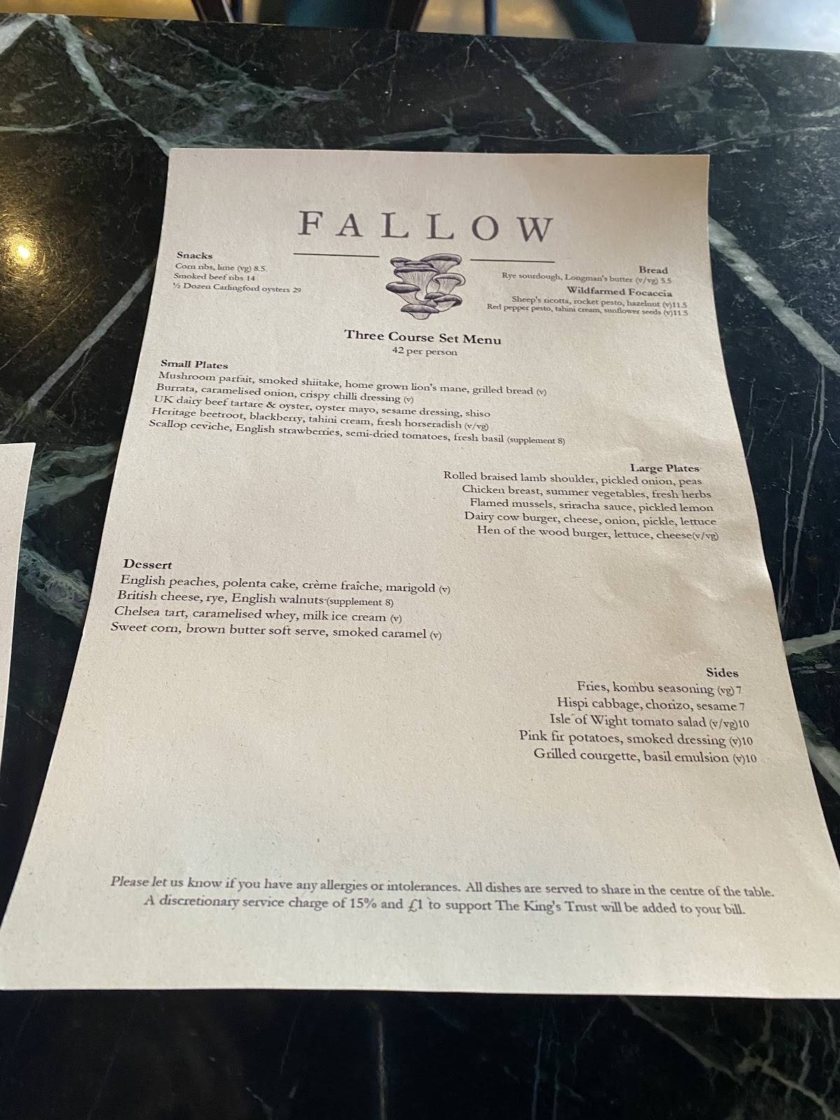Menu at Fallow restaurant, London