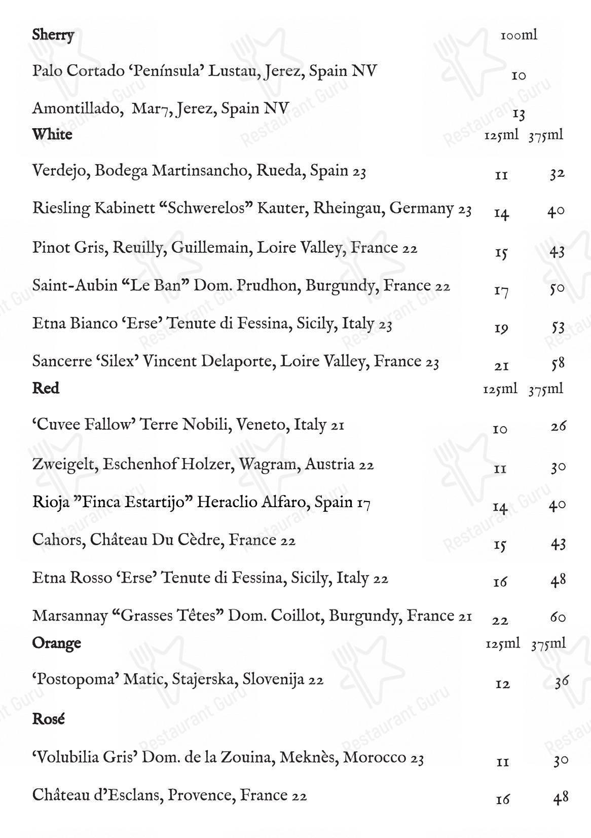 Menu at Fallow restaurant, London