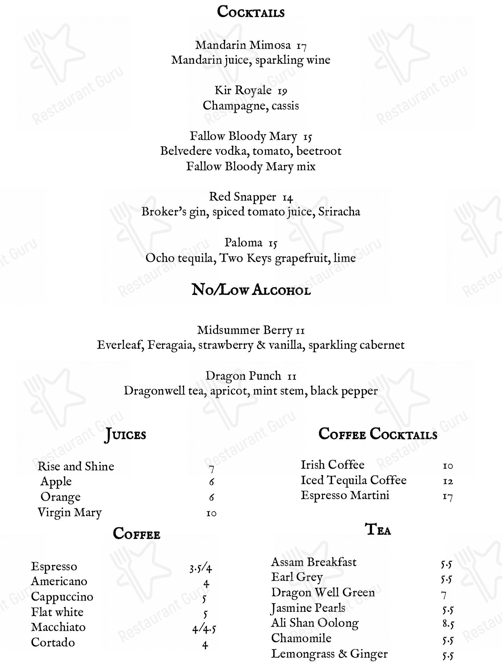 Menu at Fallow restaurant, London