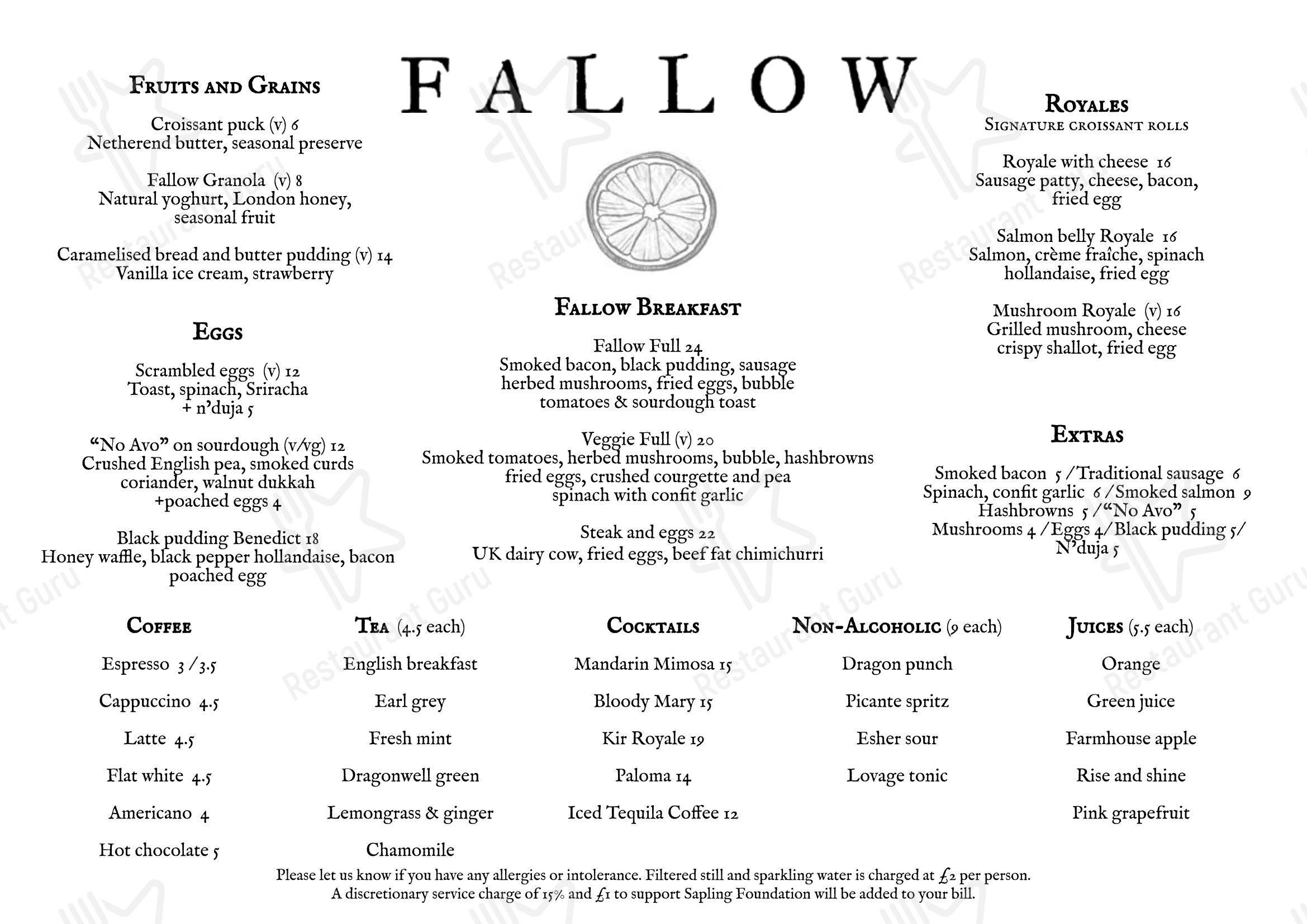 Menu at Fallow restaurant, London