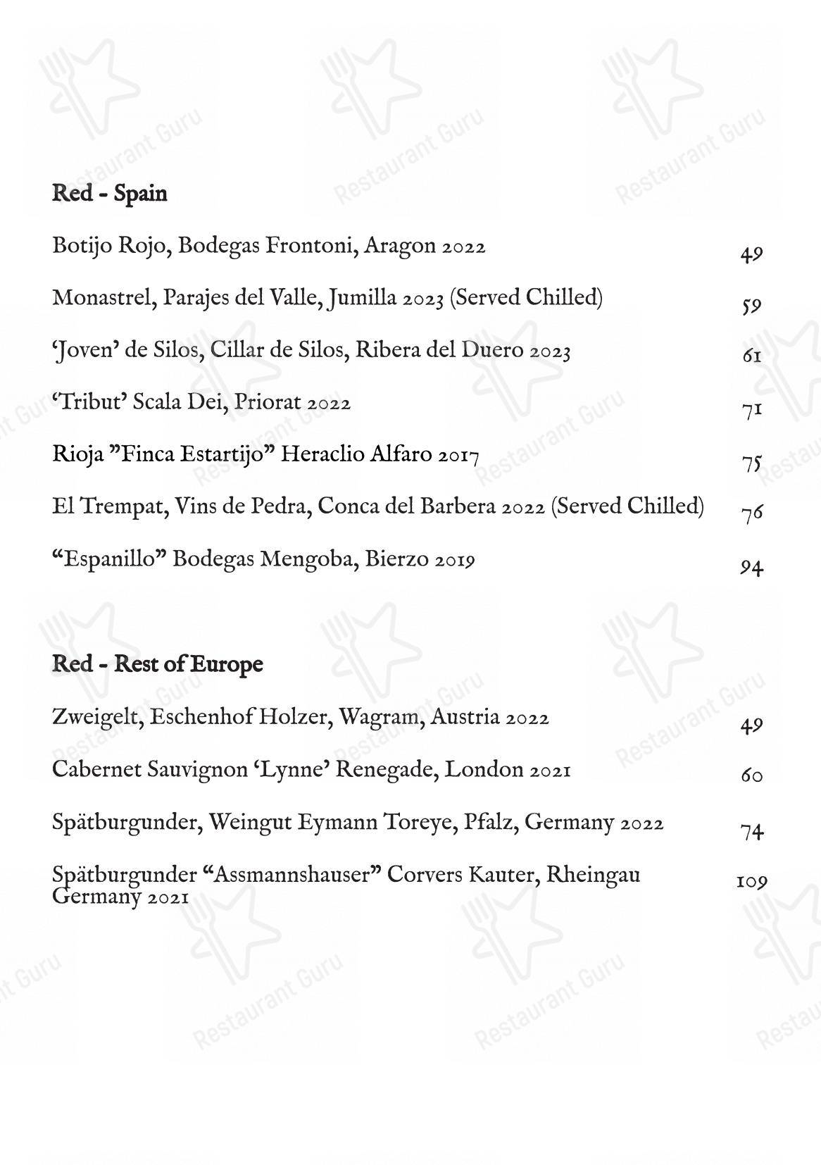 Menu at Fallow restaurant, London