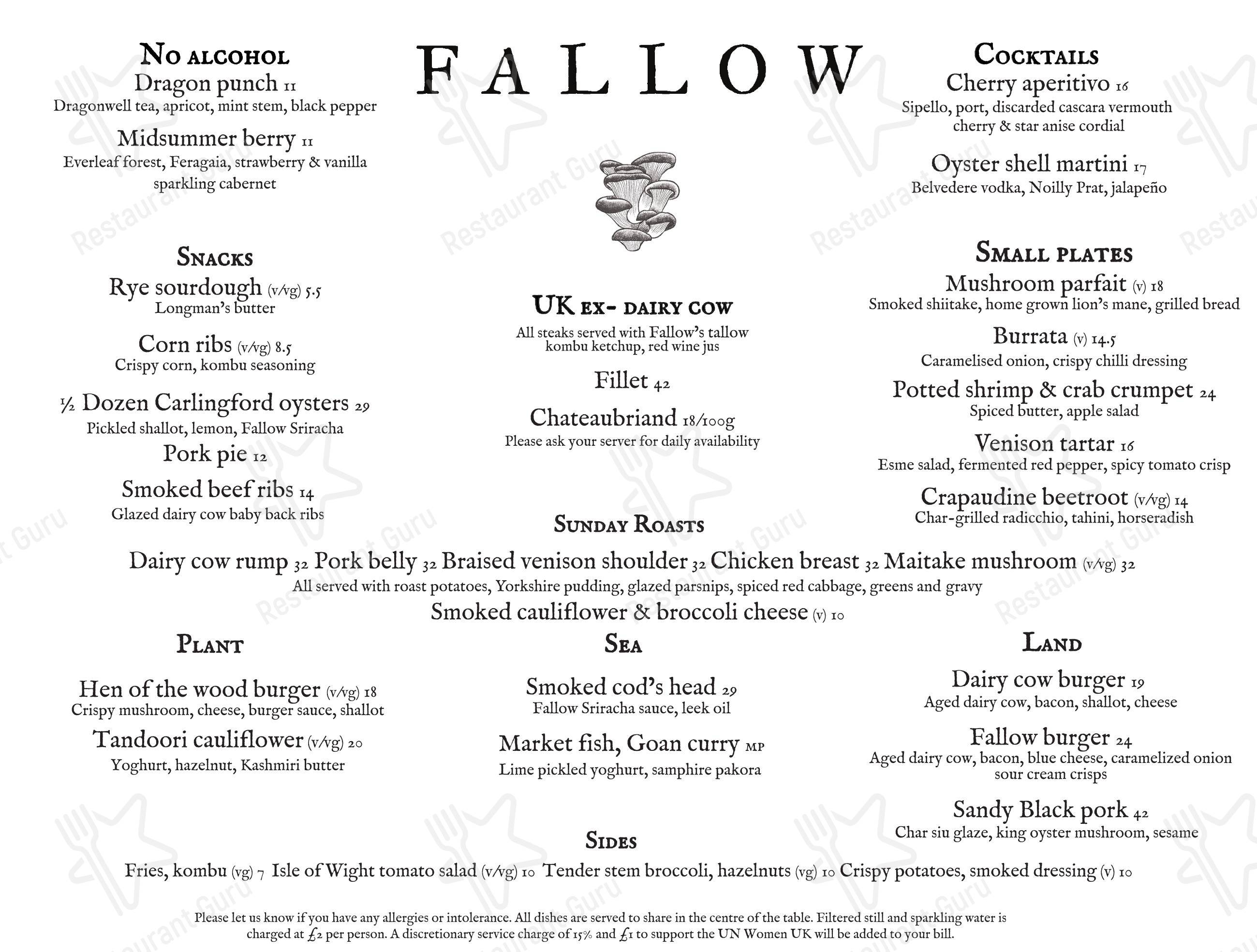 Menu at Fallow restaurant, London