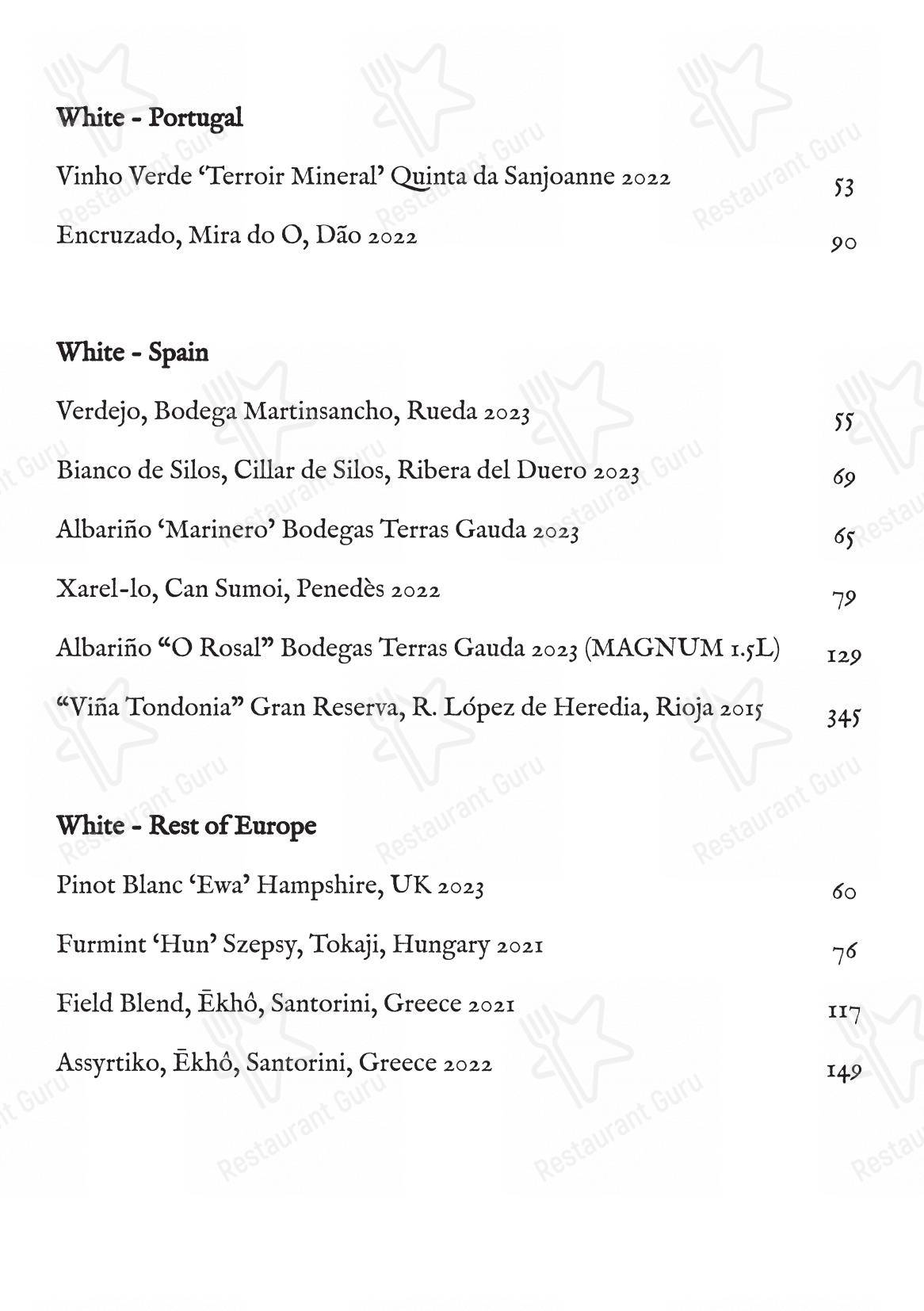 Menu at Fallow restaurant, London