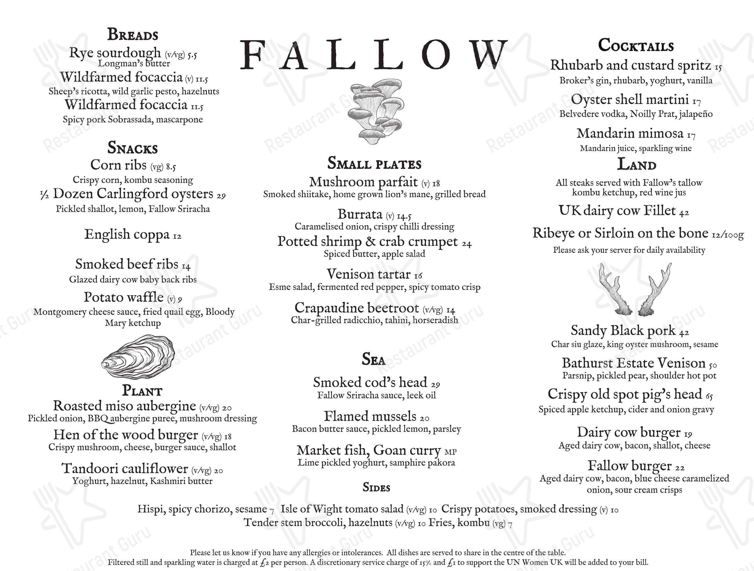 Menu at Fallow restaurant, London