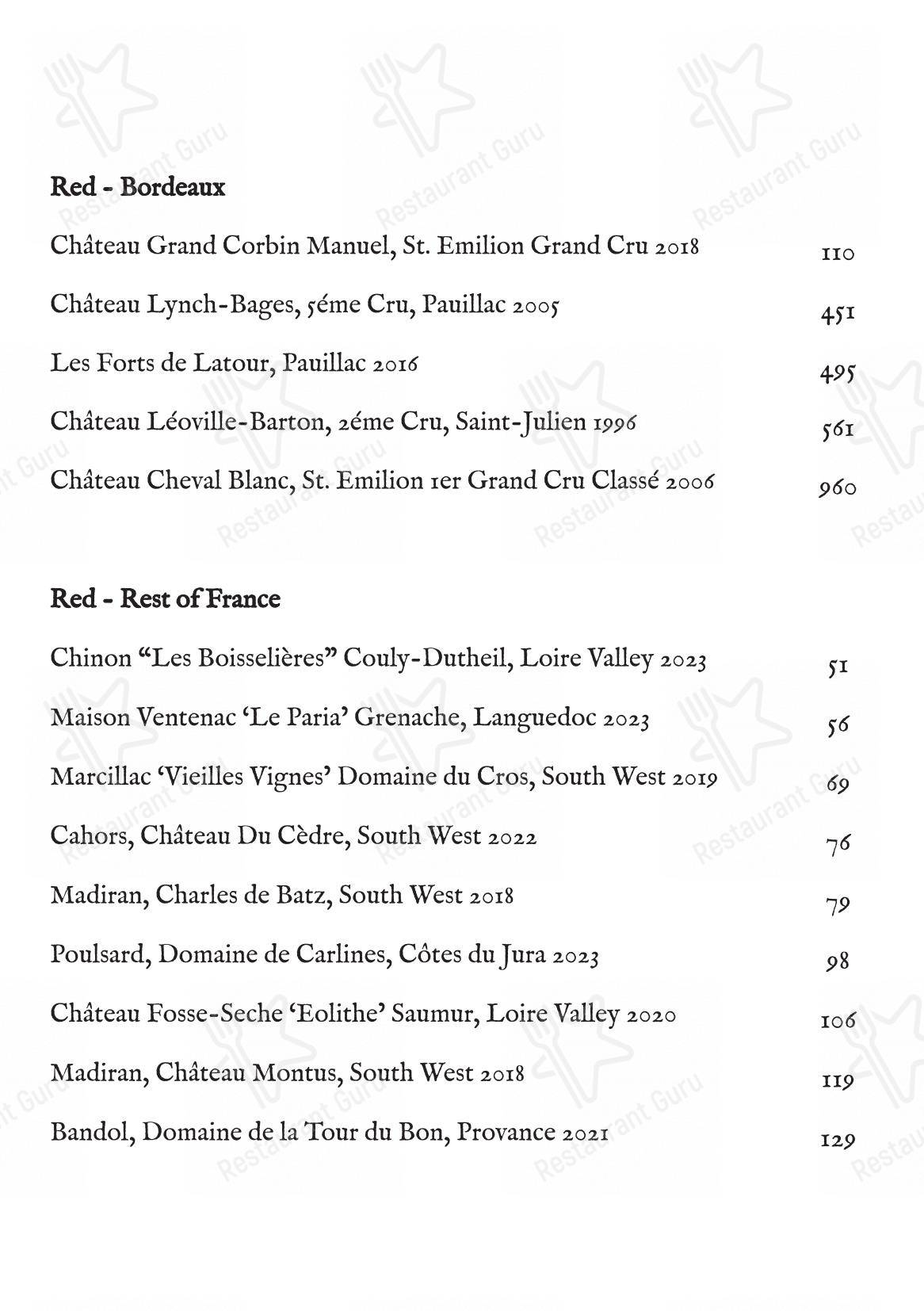 Menu at Fallow restaurant, London