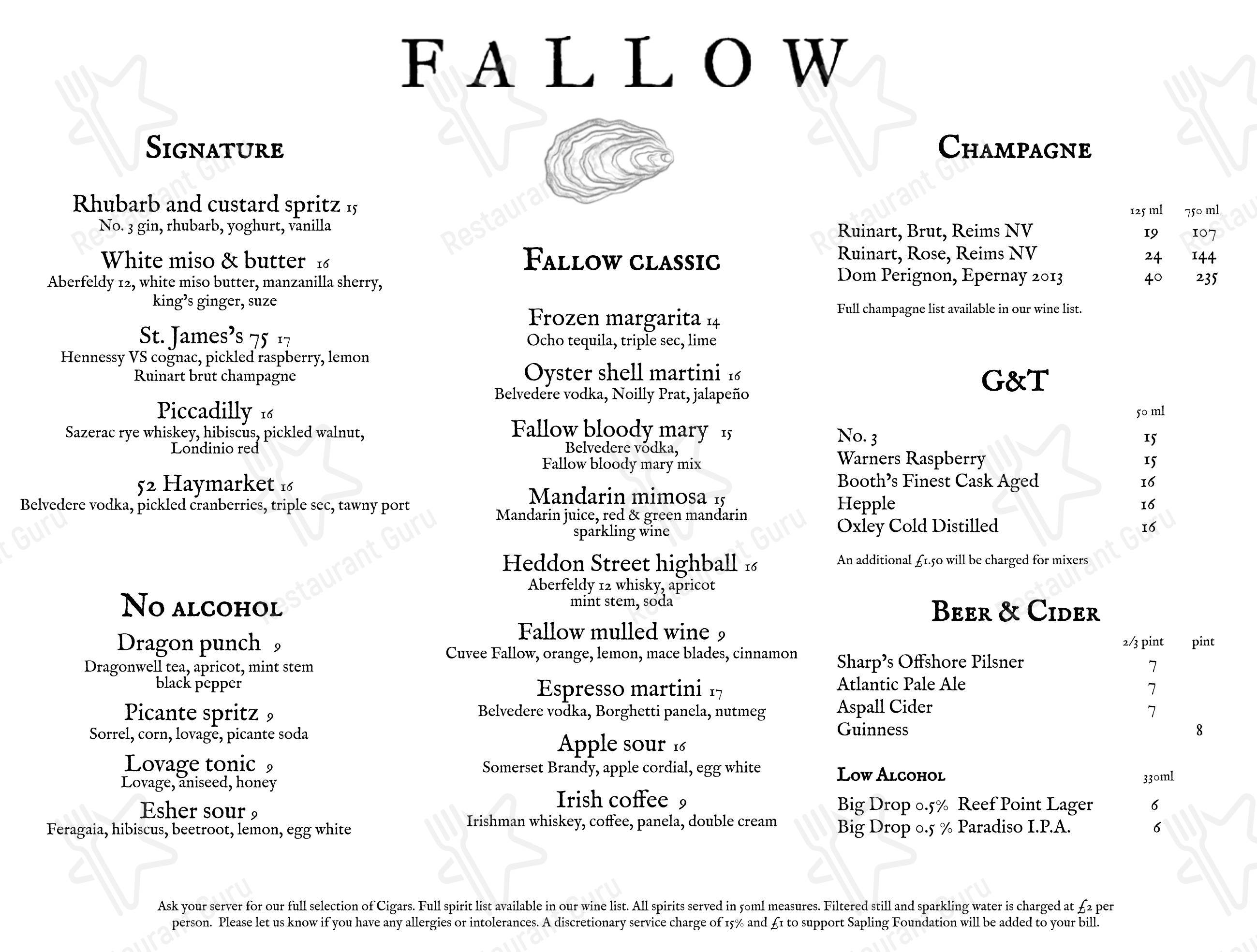 Menu at Fallow restaurant, London