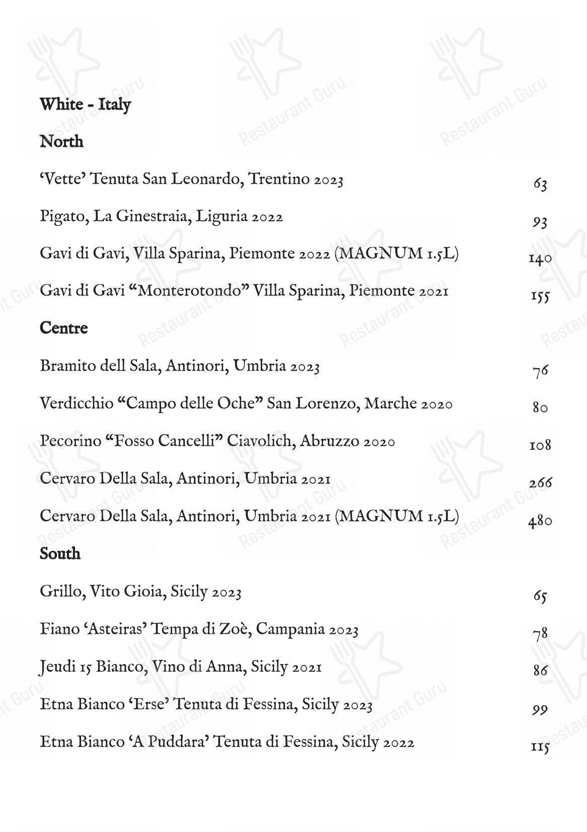 Menu at Fallow restaurant, London