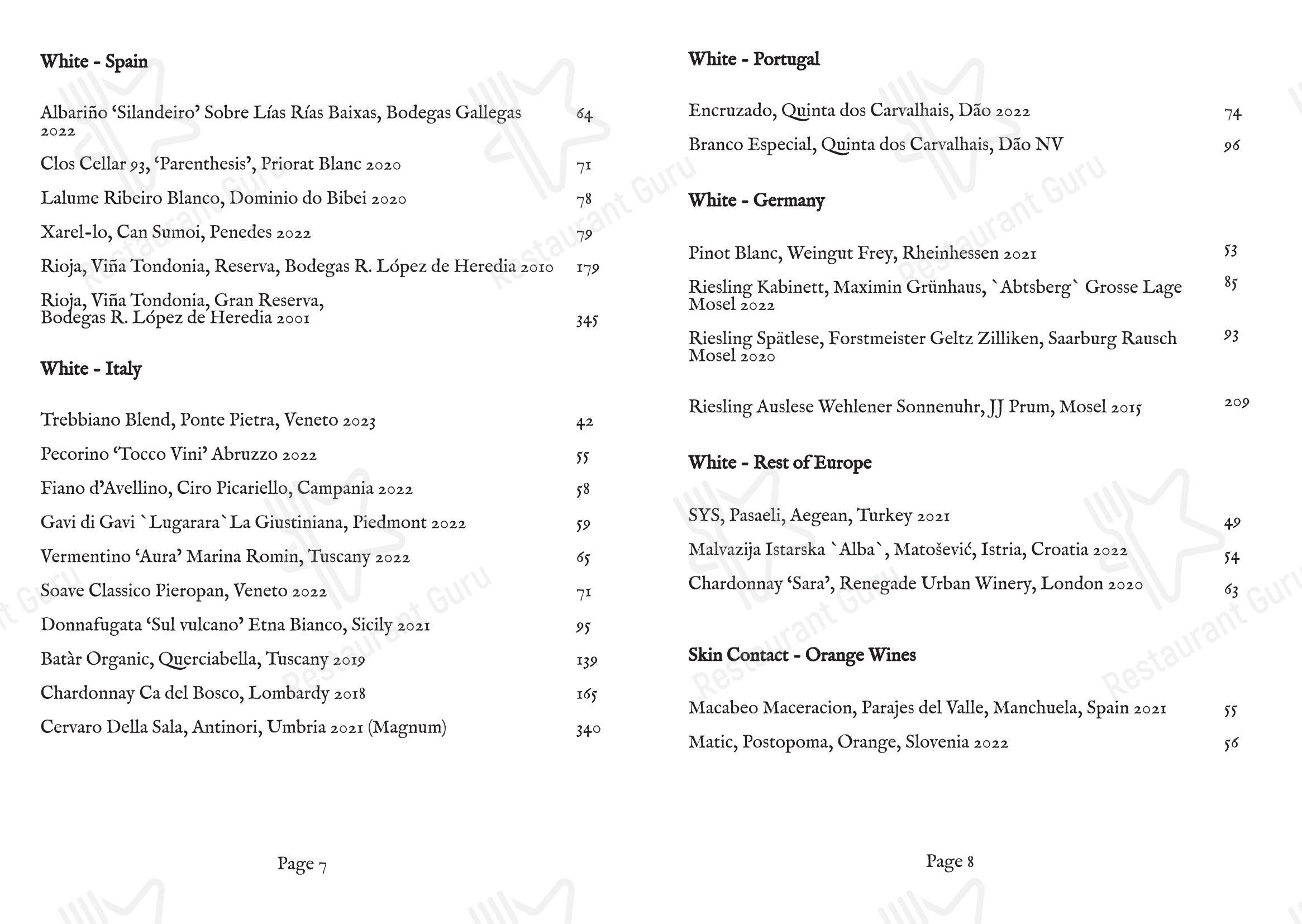 Menu at Fallow restaurant, London