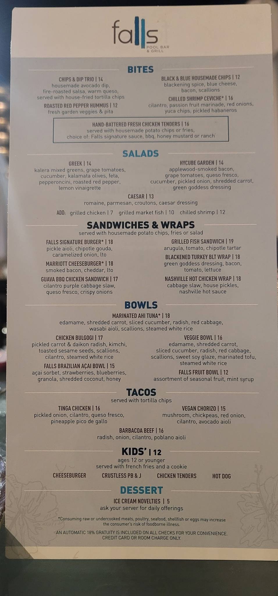 Menu at Falls Pool Bar & Grill, Orlando