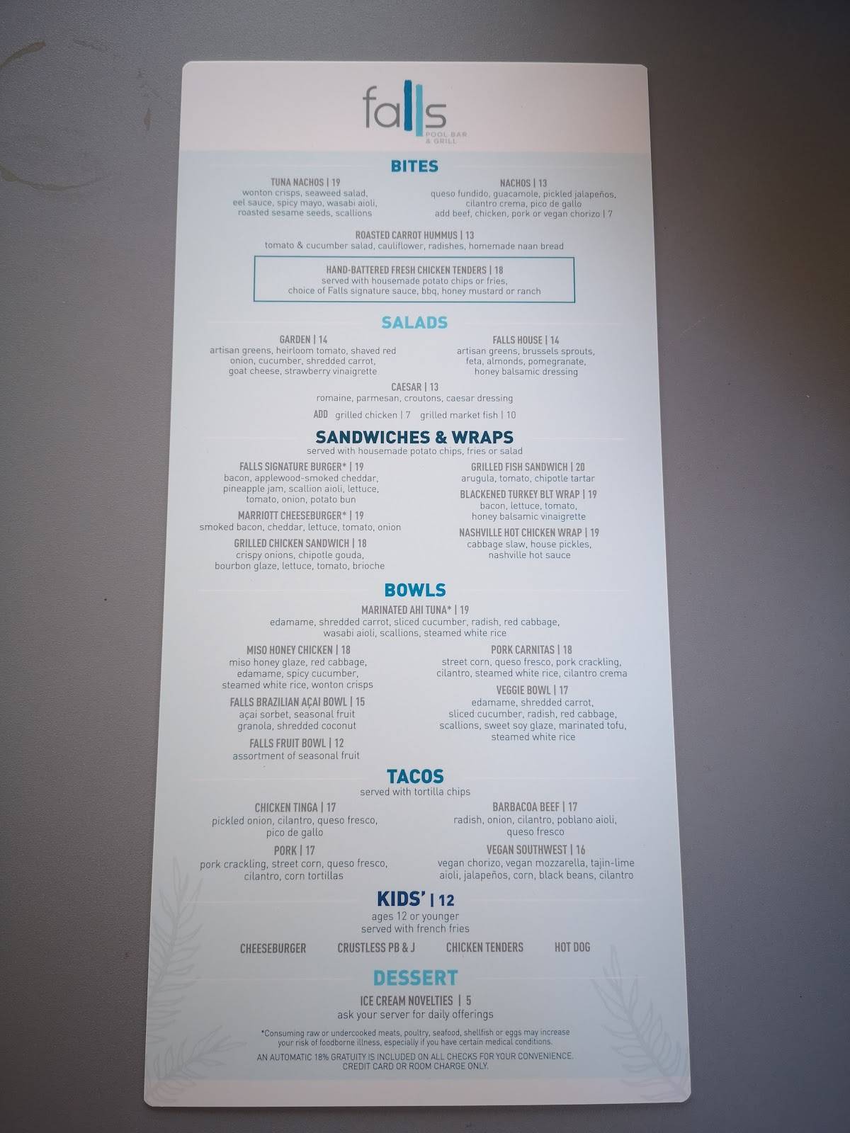 Menu at Falls Pool Bar & Grill, Orlando