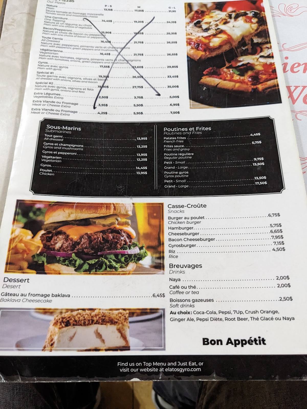 Menu at Fameux Gyros Elatos restaurant, Montréal