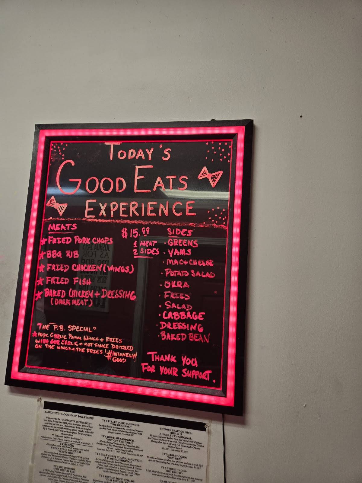 Menu at Family Ty's "Good Eats" restaurant, Pensacola
