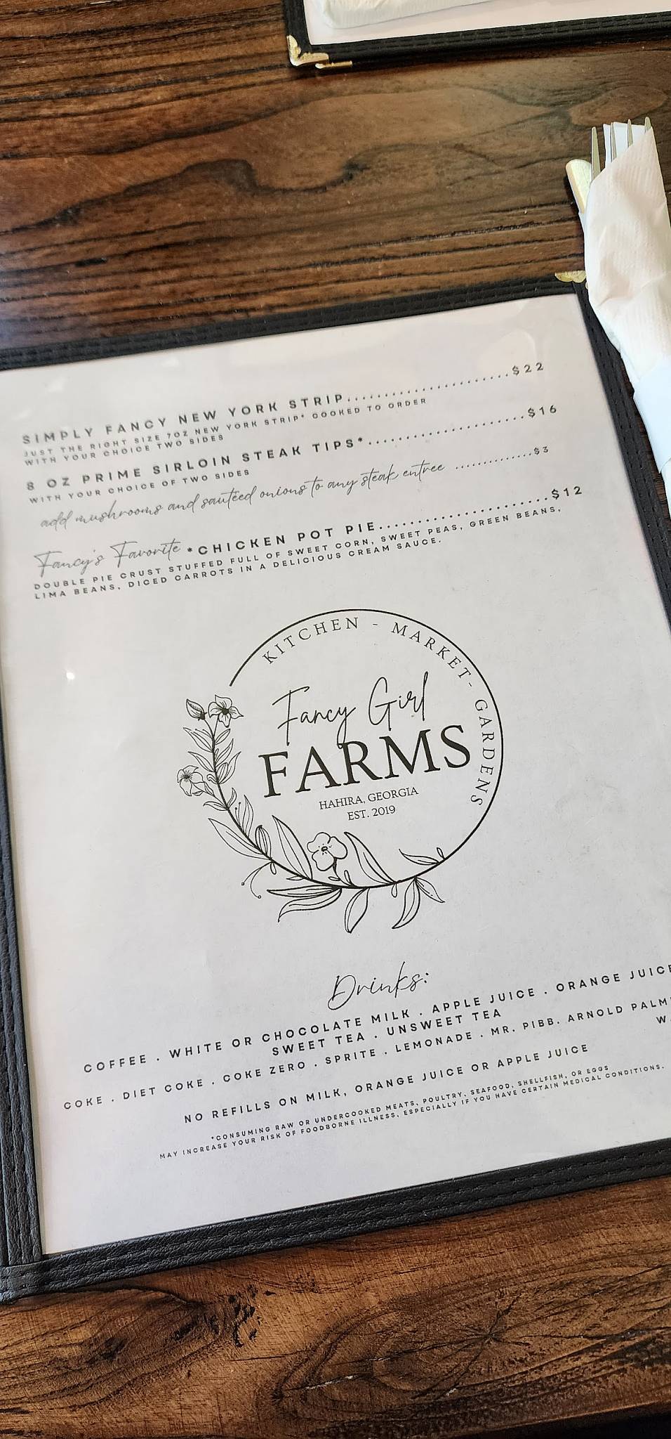 Menu at Fancy Girl Farms restaurant, Hahira