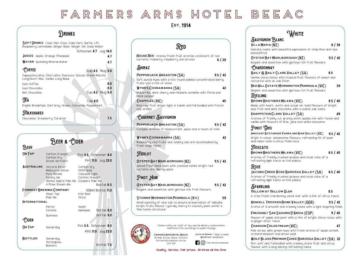 Menu at Farmers Arms Hotel Beeac pub & bar, Beeac