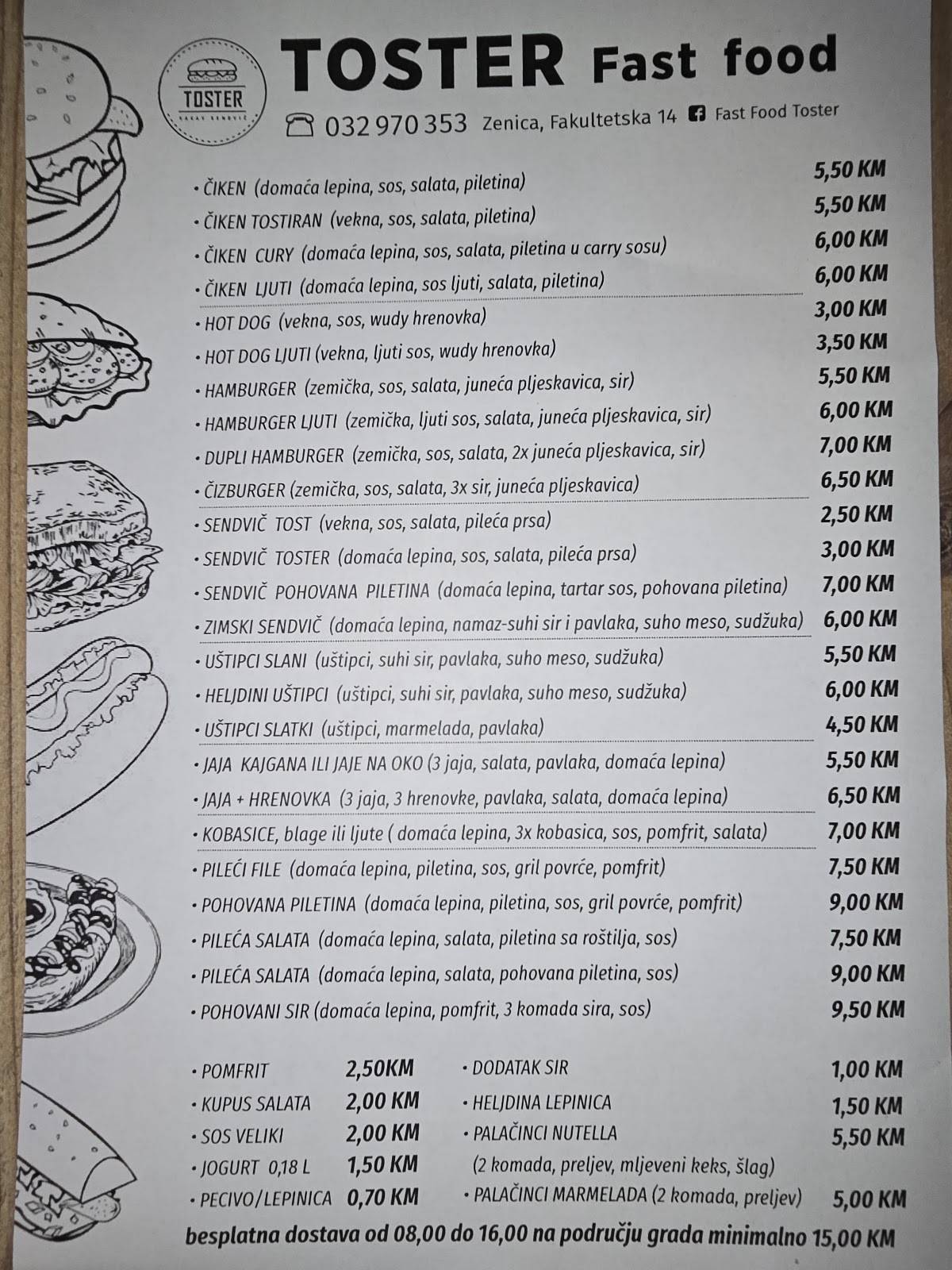 Menu at Fast Food Toster, Zenica