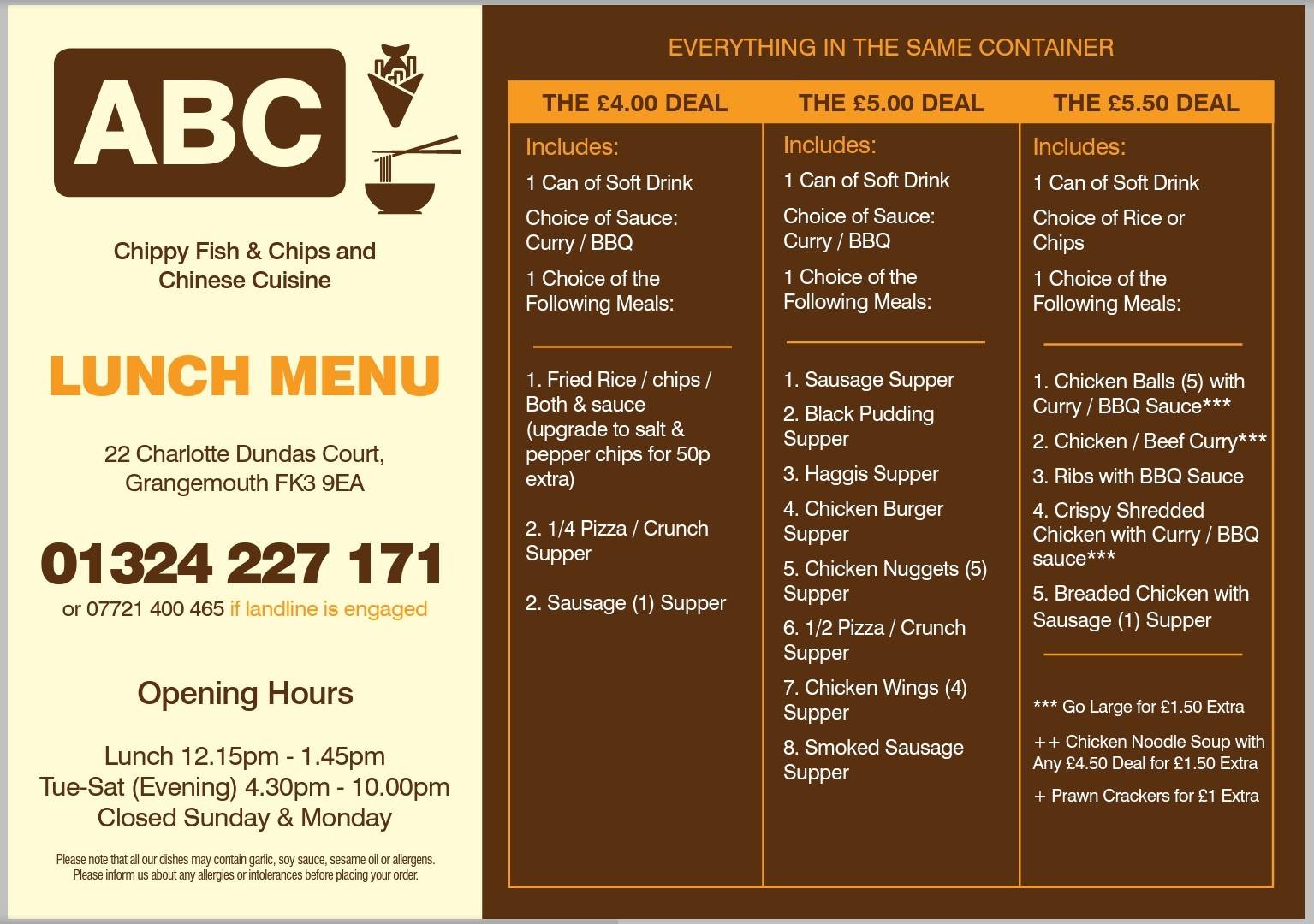 Menu at ABC CHINESE CHIPPY grangemouth falkirk fk39ea fast food ...