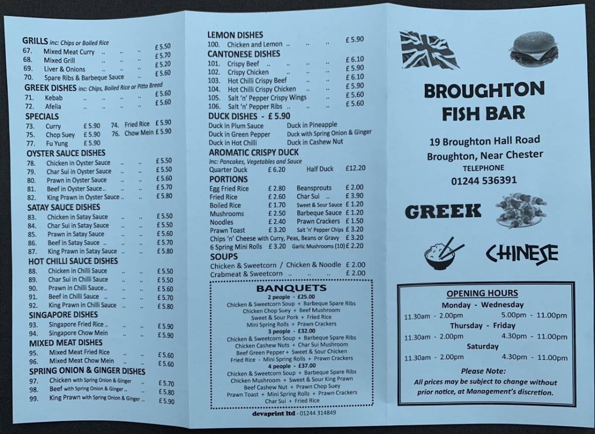 Menu at Broughton Fish Bar, Broughton