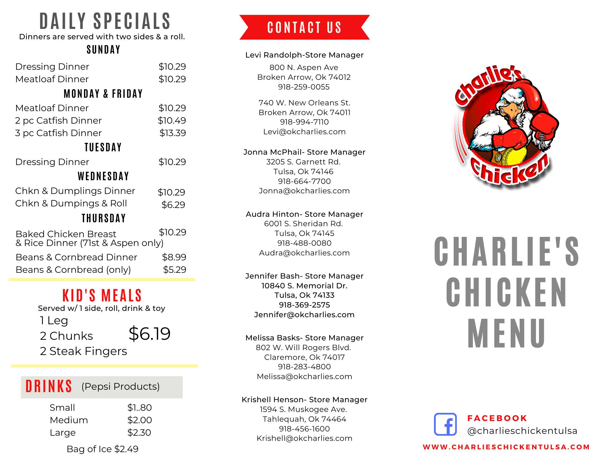 Menu at Charlie's Chicken Tahlequah fast food, Tahlequah