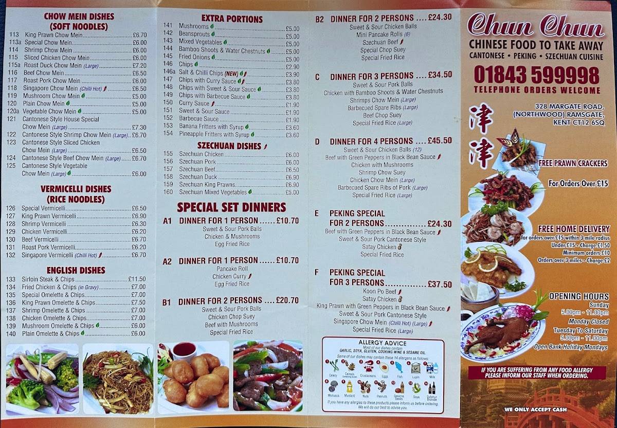 Menu at Chun Chun fast food, Ramsgate