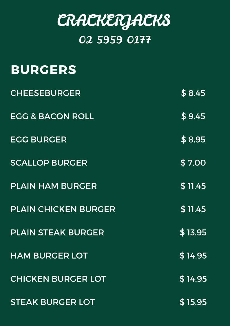 Menu at Cracker Jacks Takeaway fast food, Lake Albert