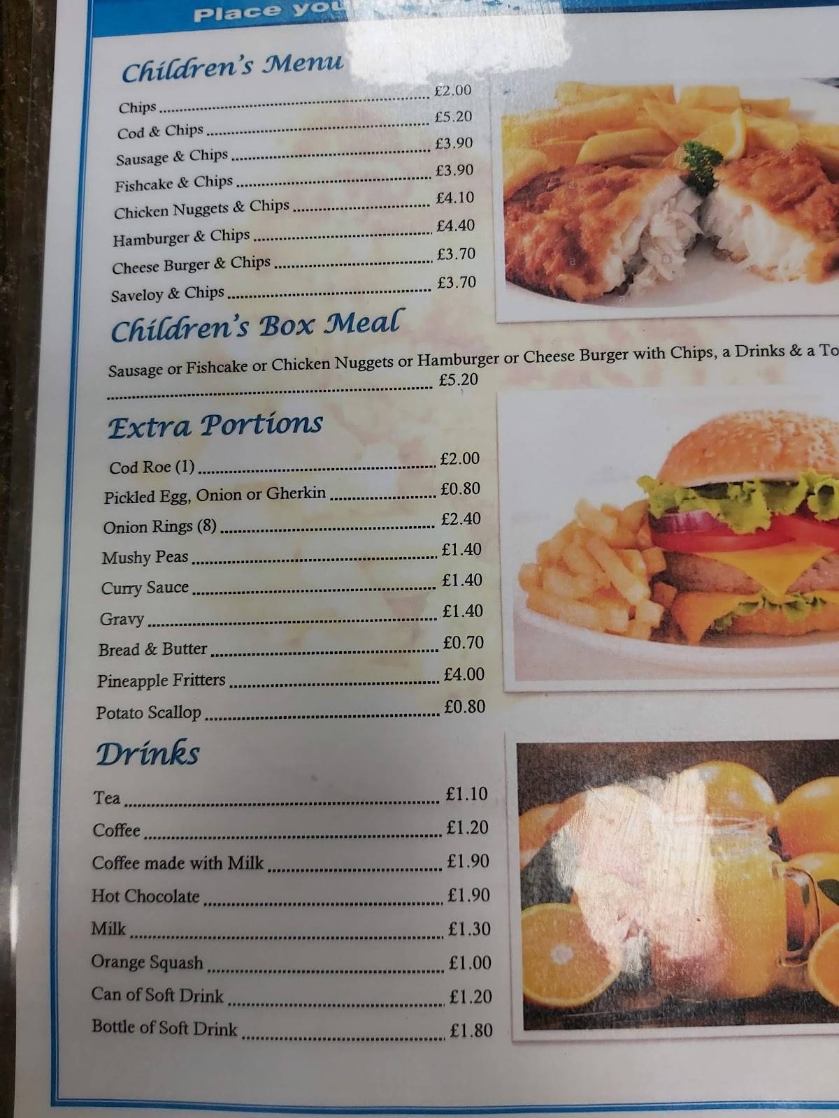 Menu at Dolphin fish bar and restaurant, Lowestoft