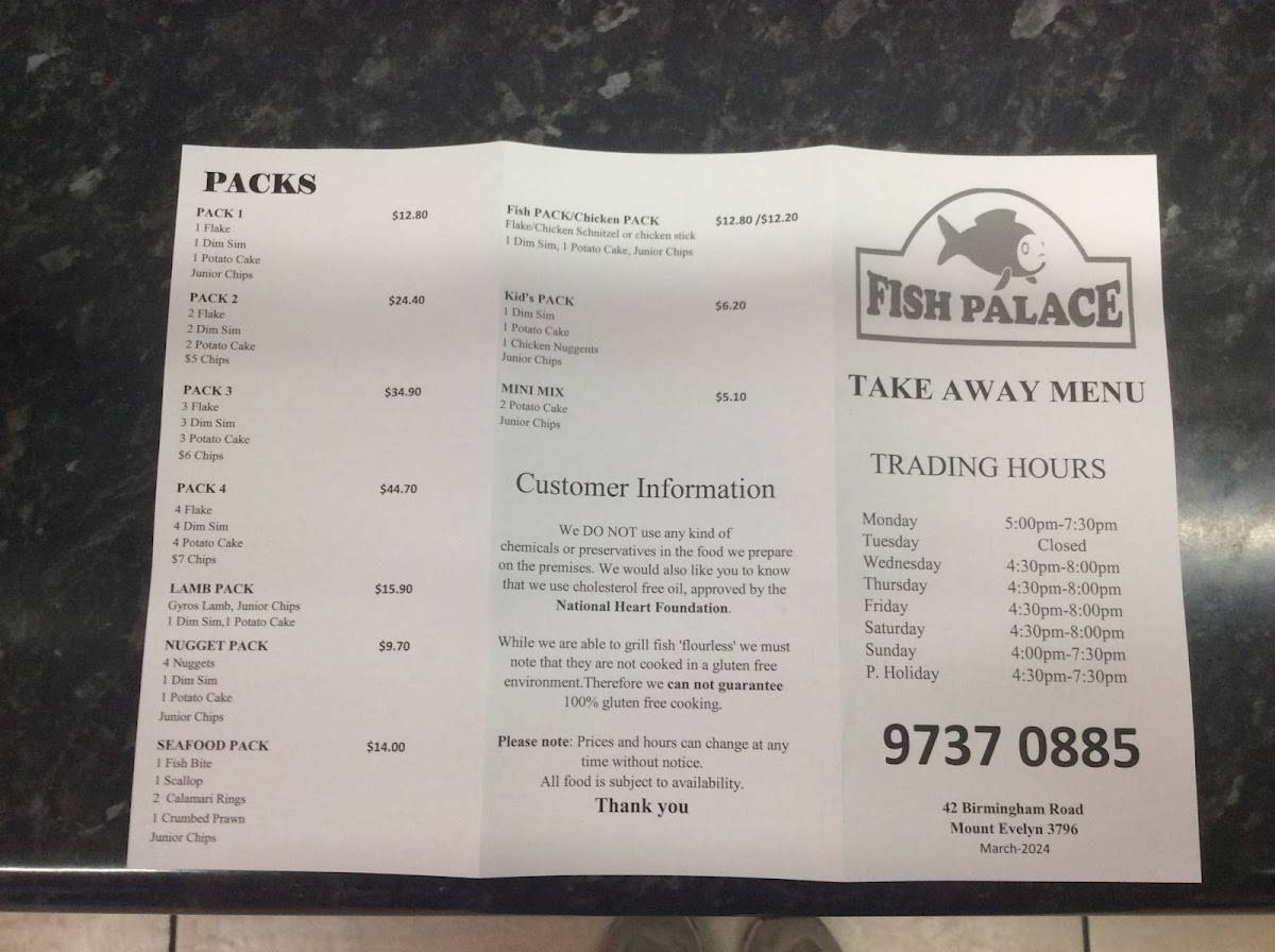Menu at Fish Palace Mount Evelyn fast food, Mount Evelyn