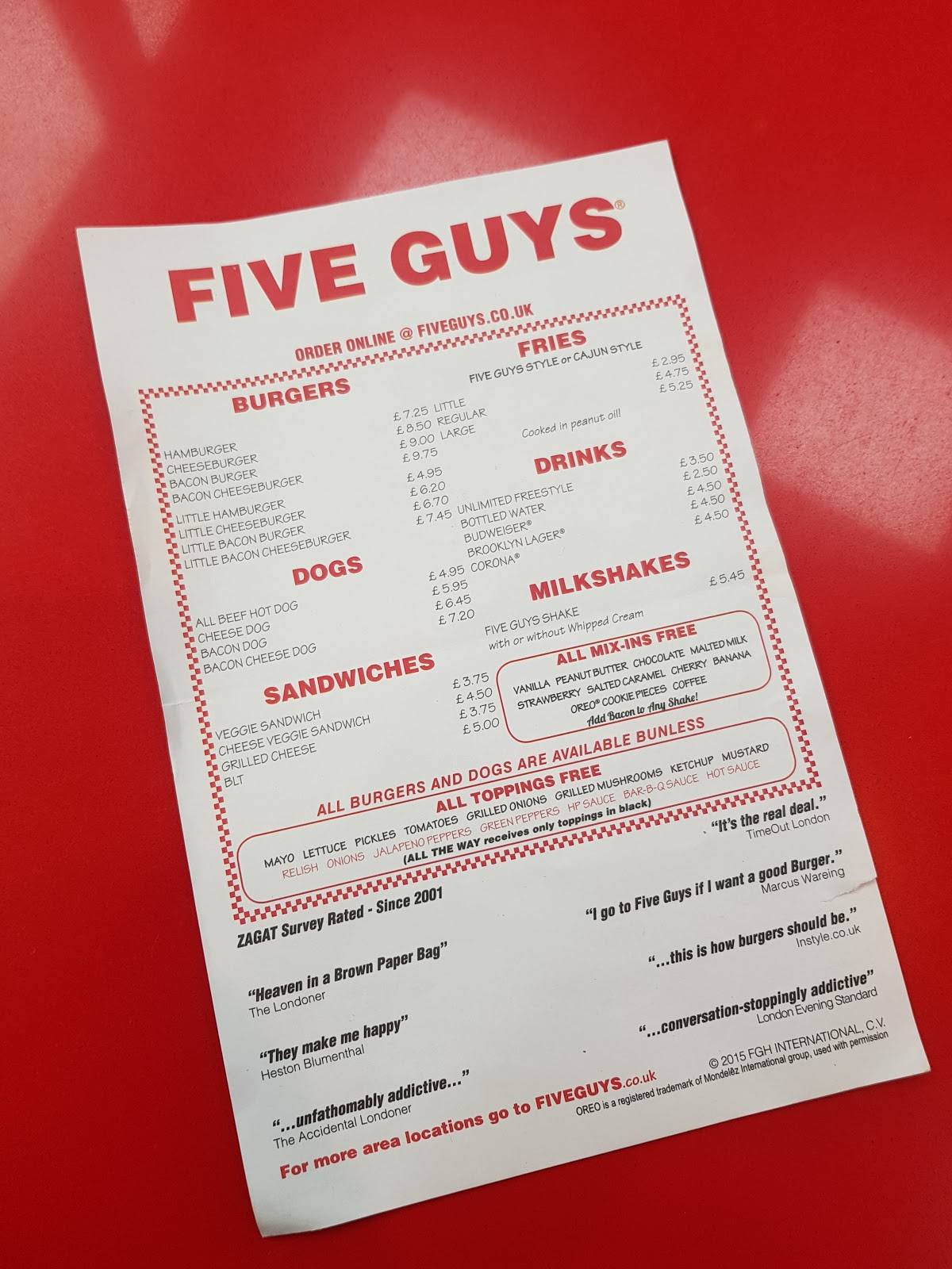 Menu at Five Guys Westfield London fast food, London, Unit 1069/1070 ...