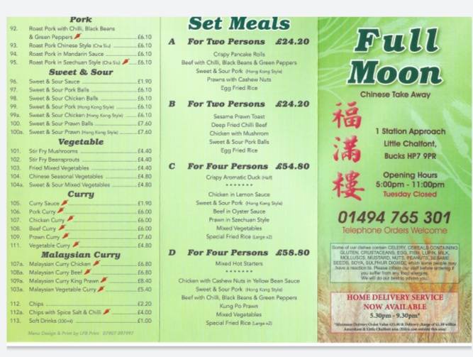 Menu at Full Moon restaurant, Amersham