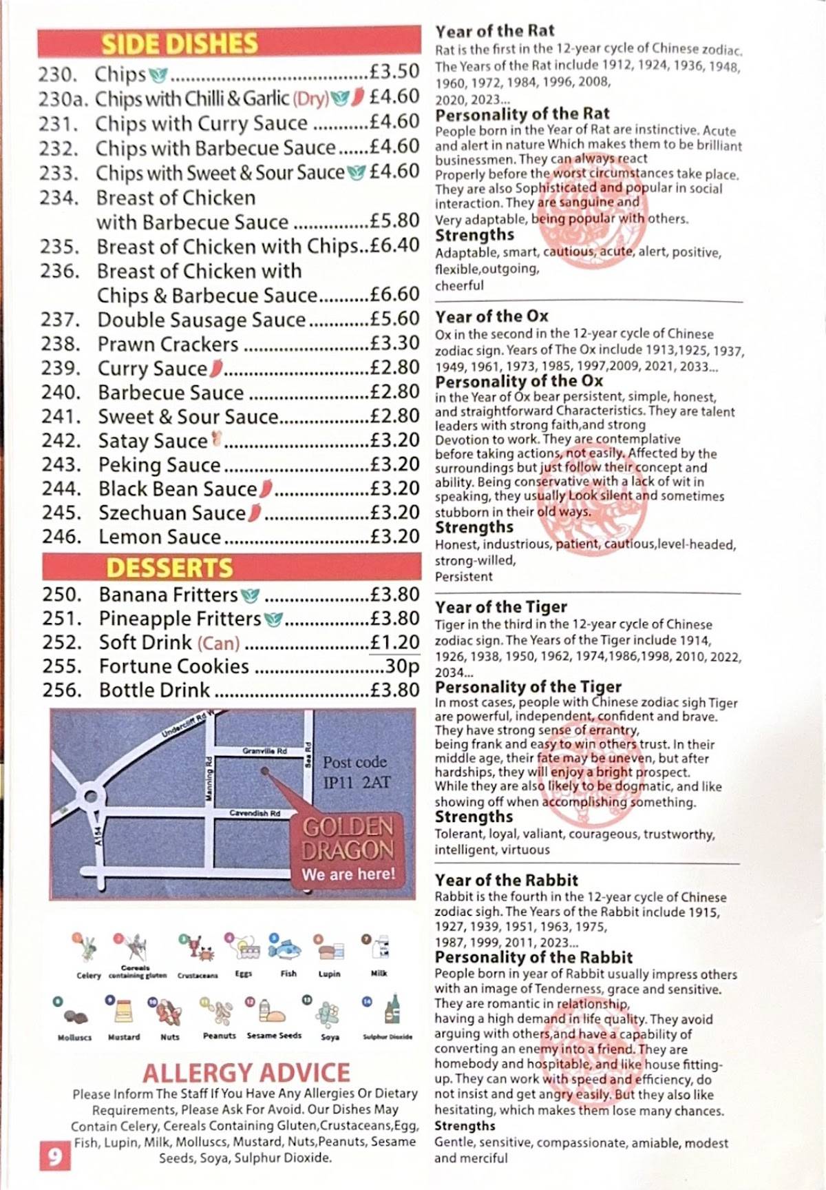 Menu at Golden Dragon Chinese take away fast food, Felixstowe, 3 ...
