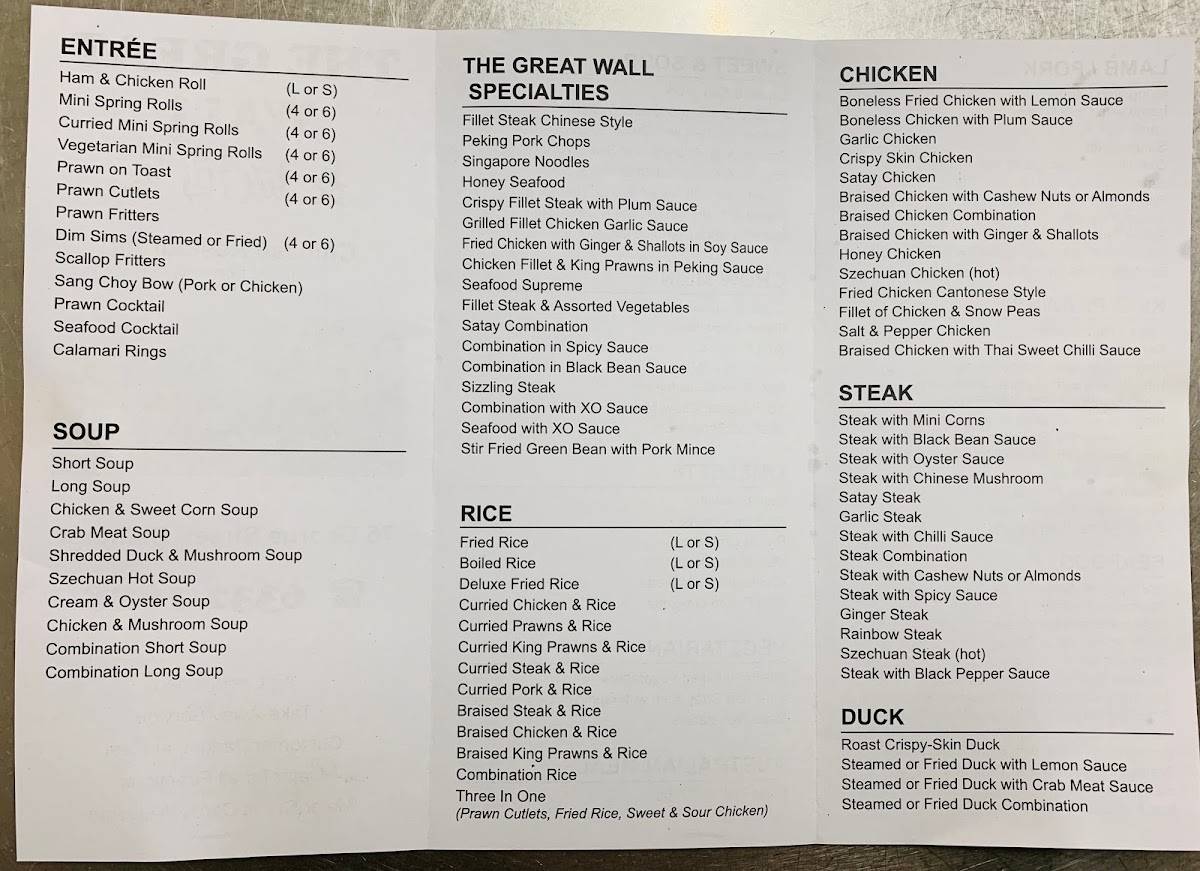 Menu at Great Wall fast food, Bathurst