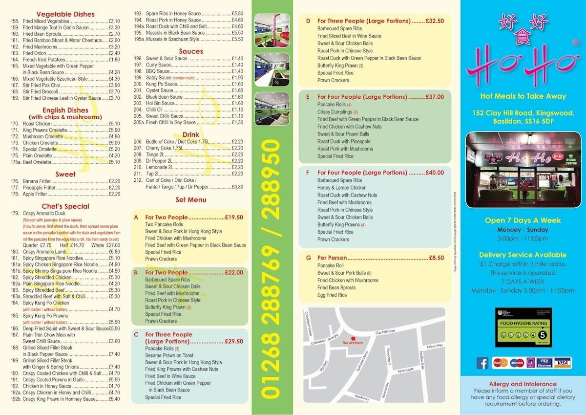 Menu at Ho Ho Chinese Basildon fast food, Basildon