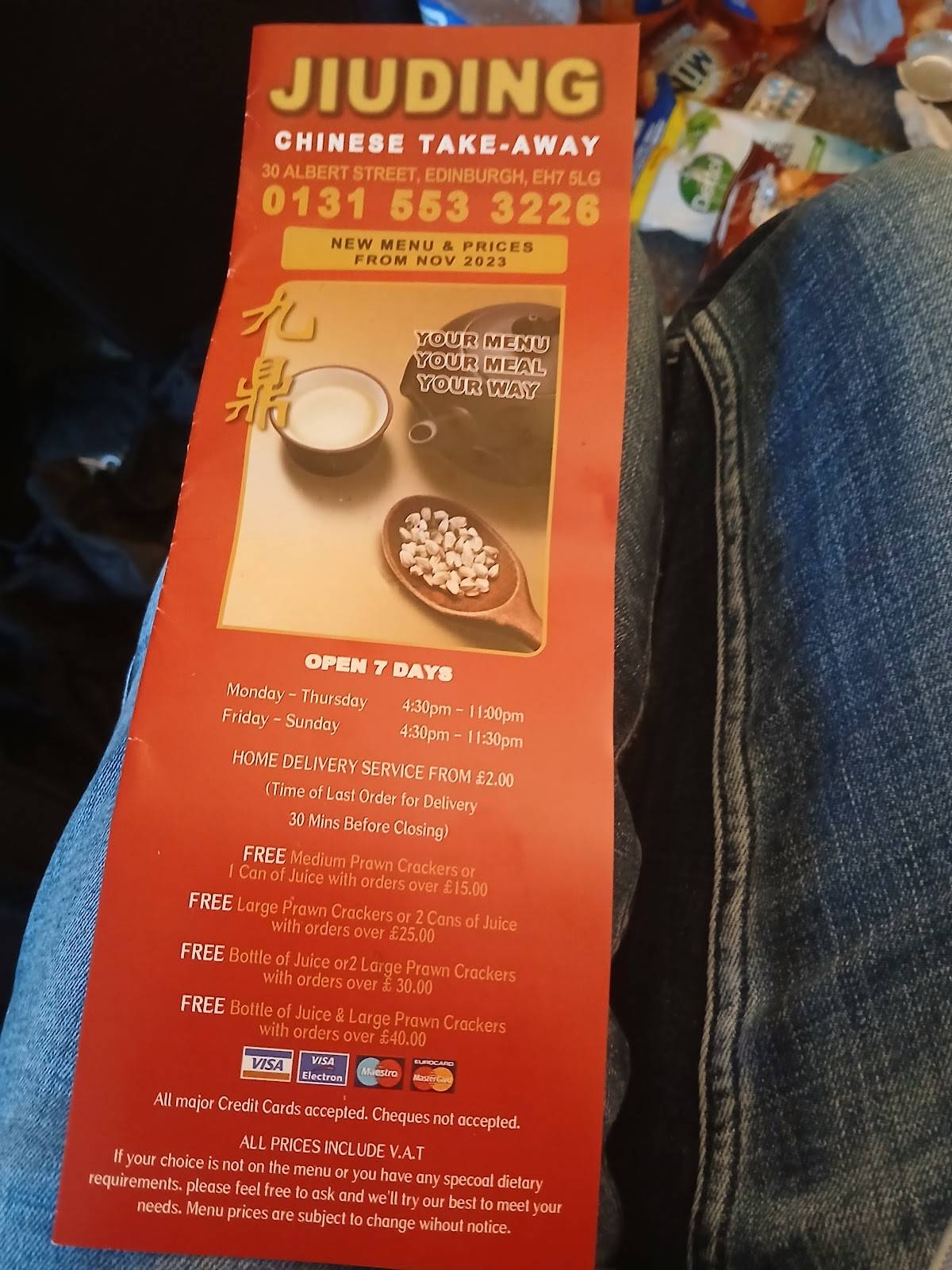 Menu at Jiuding fast food, Edinburgh