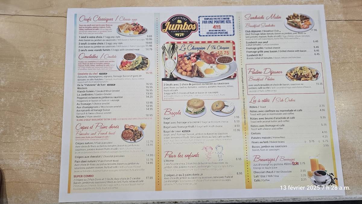 Menu at Jumbo Restaurant, Montréal