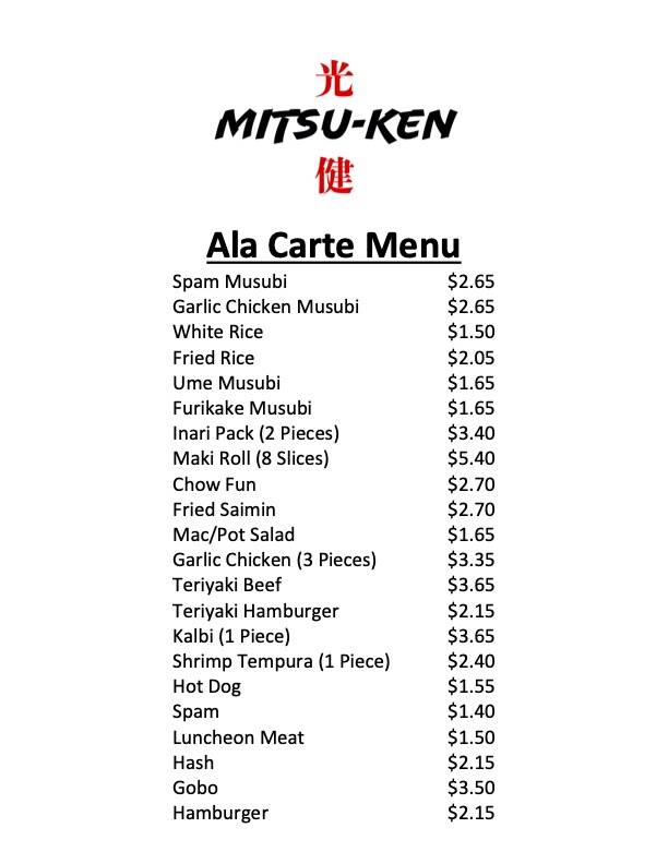 Menu at Mitsu-Ken fast food, Honolulu, N King St