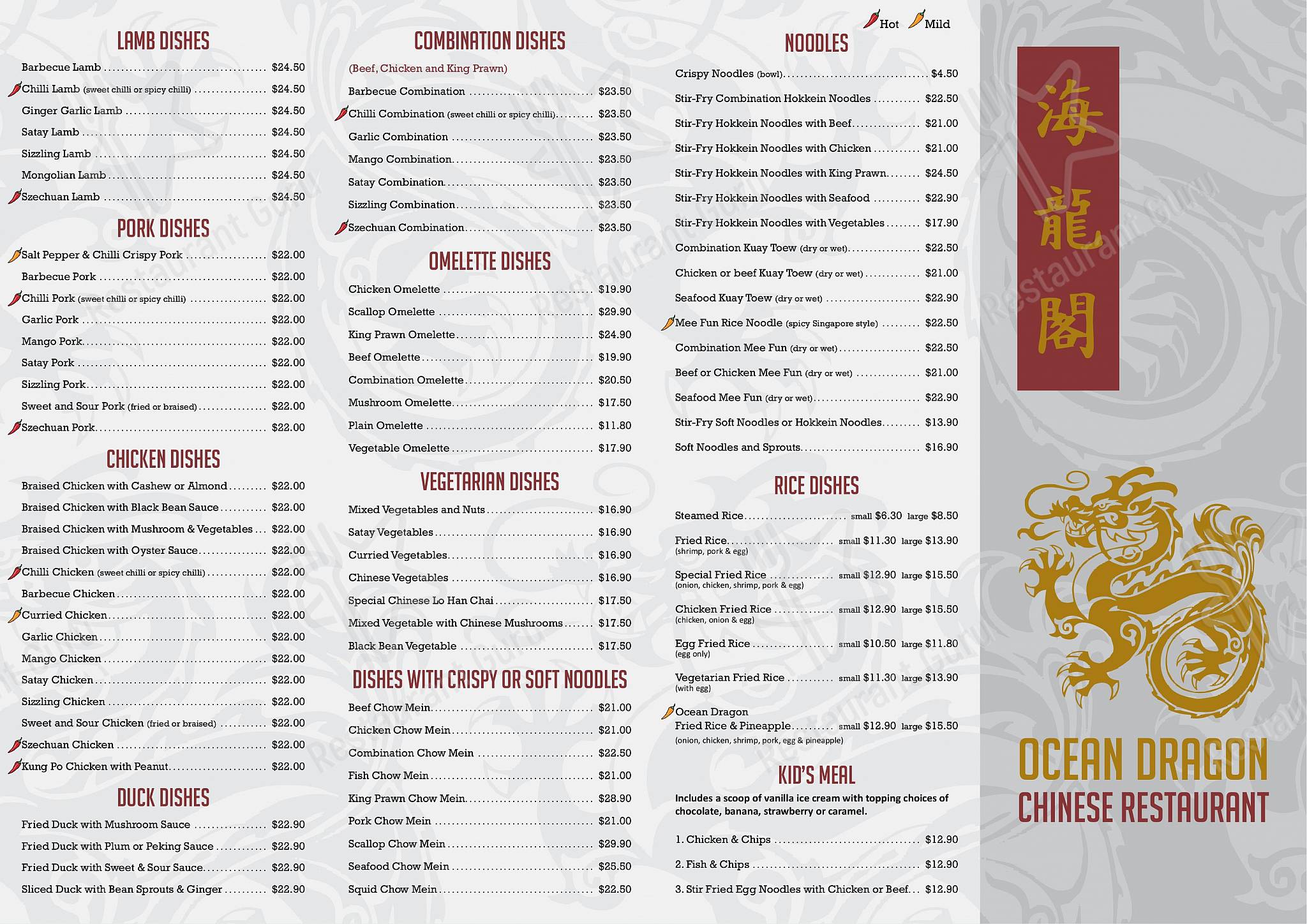 Menu at Ocean Dragon Chinese Restaurant, Watermans Bay