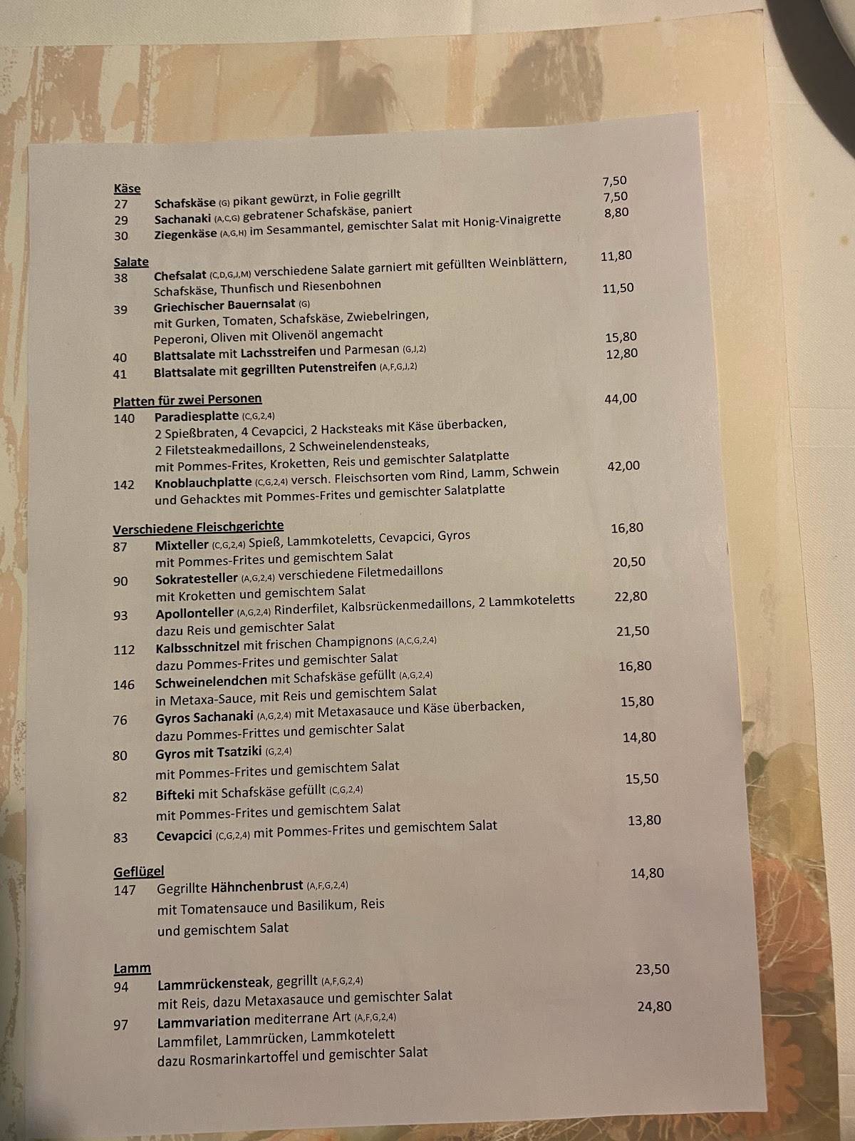 Speisekarte von Restaurant Paradies, Lampertheim, Friedrichstraße 6