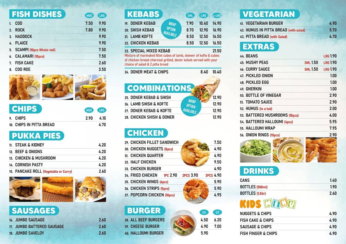 Menu at Sea World fast food, Welwyn Garden City