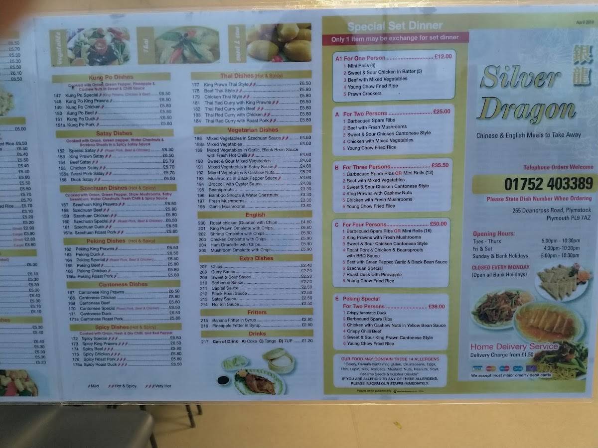 Menu at Silver Dragon fast food, Plymouth