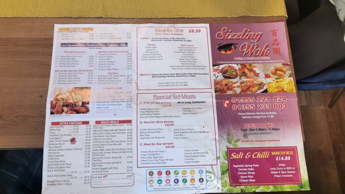 Menu at Sizzling Wok fast food, Glasgow, 7 Lindores Dr
