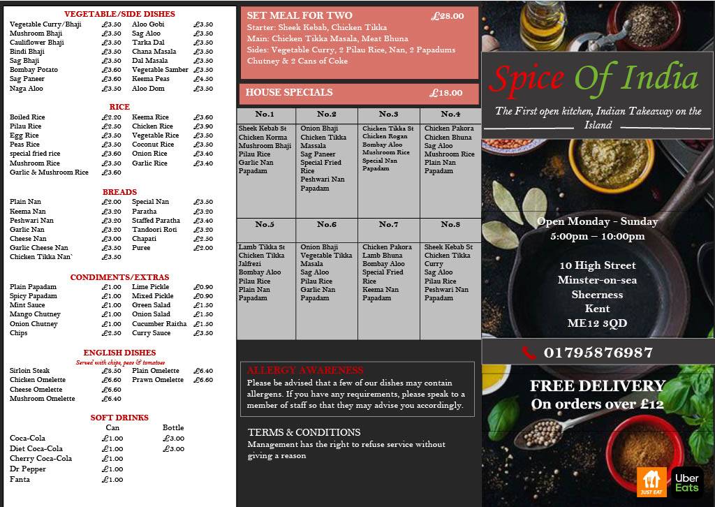 Menu at Spice Of India restaurant, Sheerness