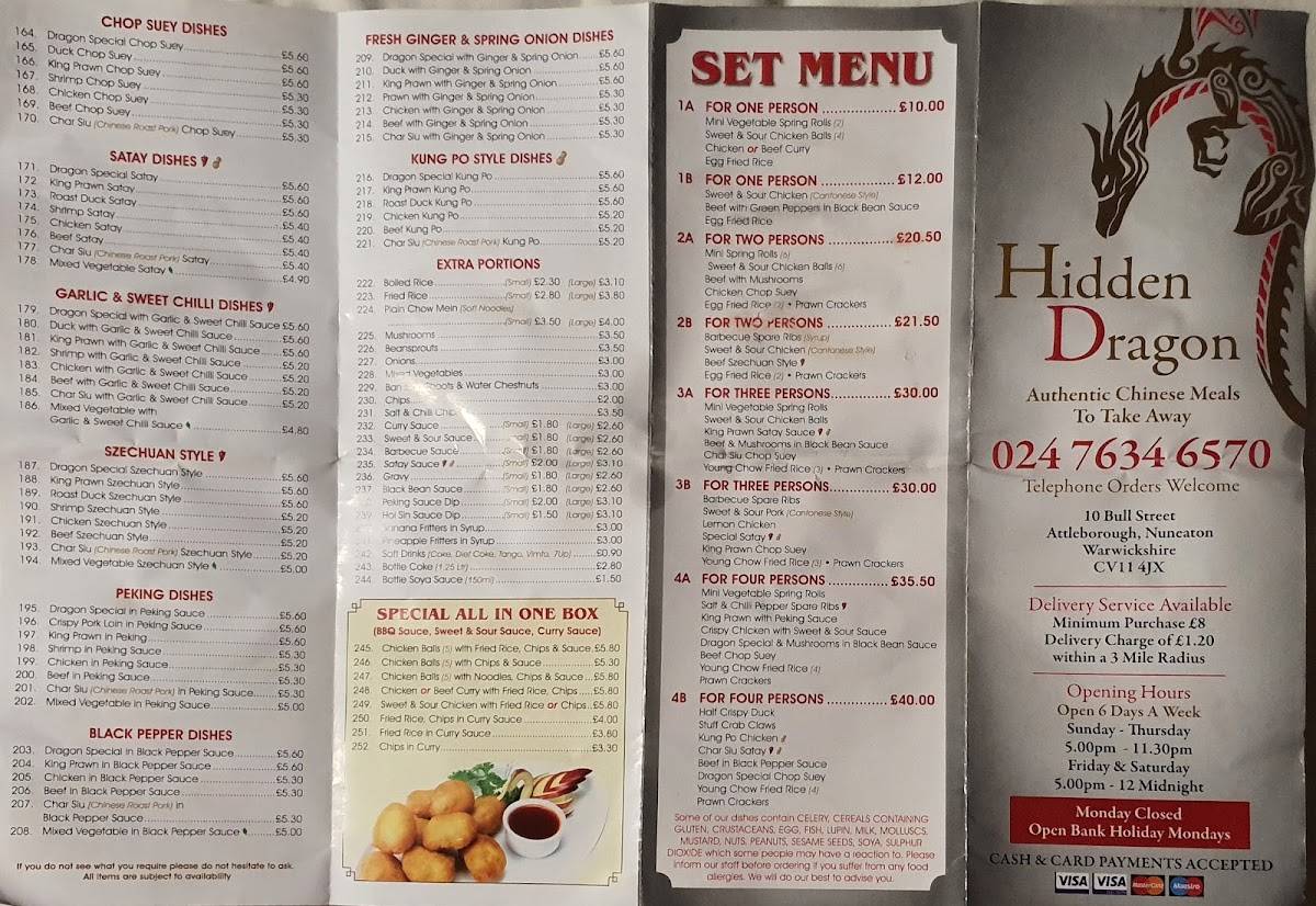 Menu at The Hidden Dragon fast food, Nuneaton