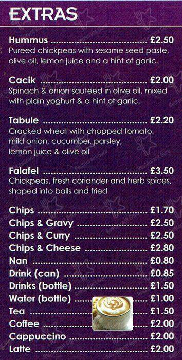 Menu at Topkapi fast food, Manchester, 194 Deansgate
