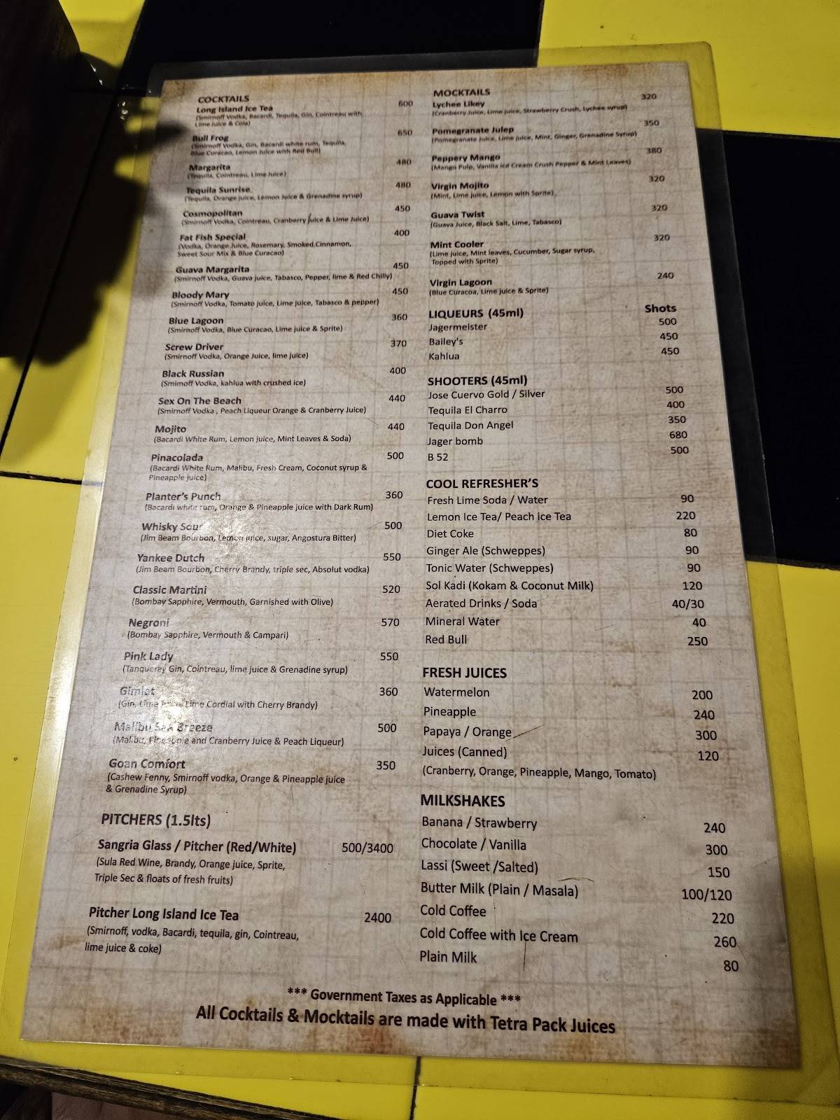 Menu at Fat Fish, Arpora, Calangute - Arpora Rd